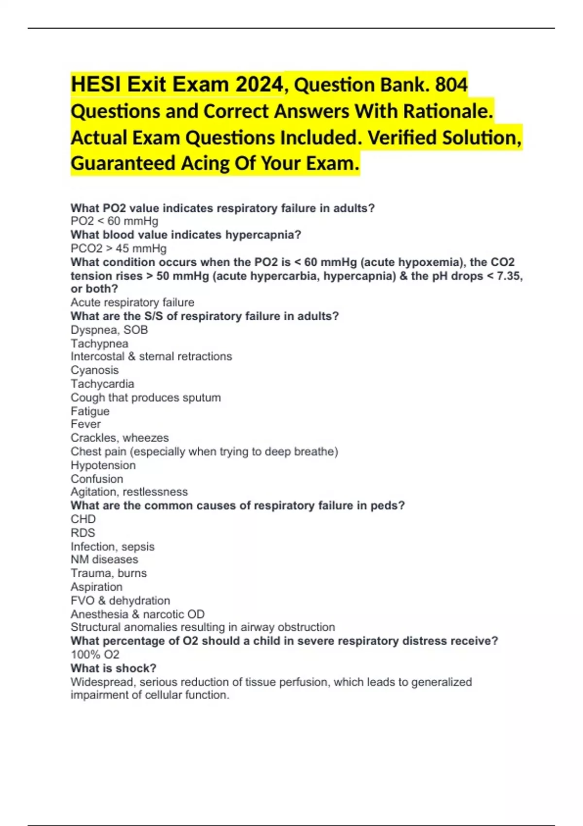HESI Exit Exam 2024, Question Bank. 804 Questions and Correct Answers ...