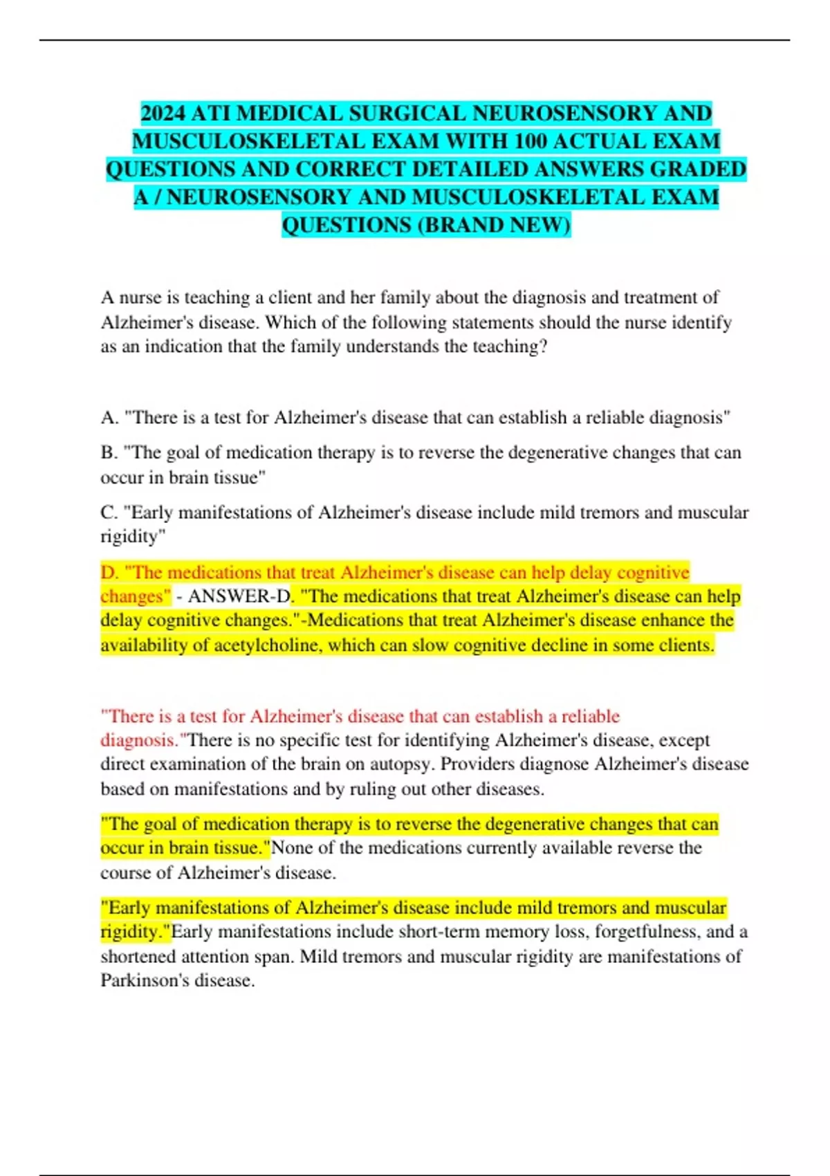 2024 ATI MEDICAL SURGICAL NEUROSENSORY AND MUSCULOSKELETAL EXAM WITH ...