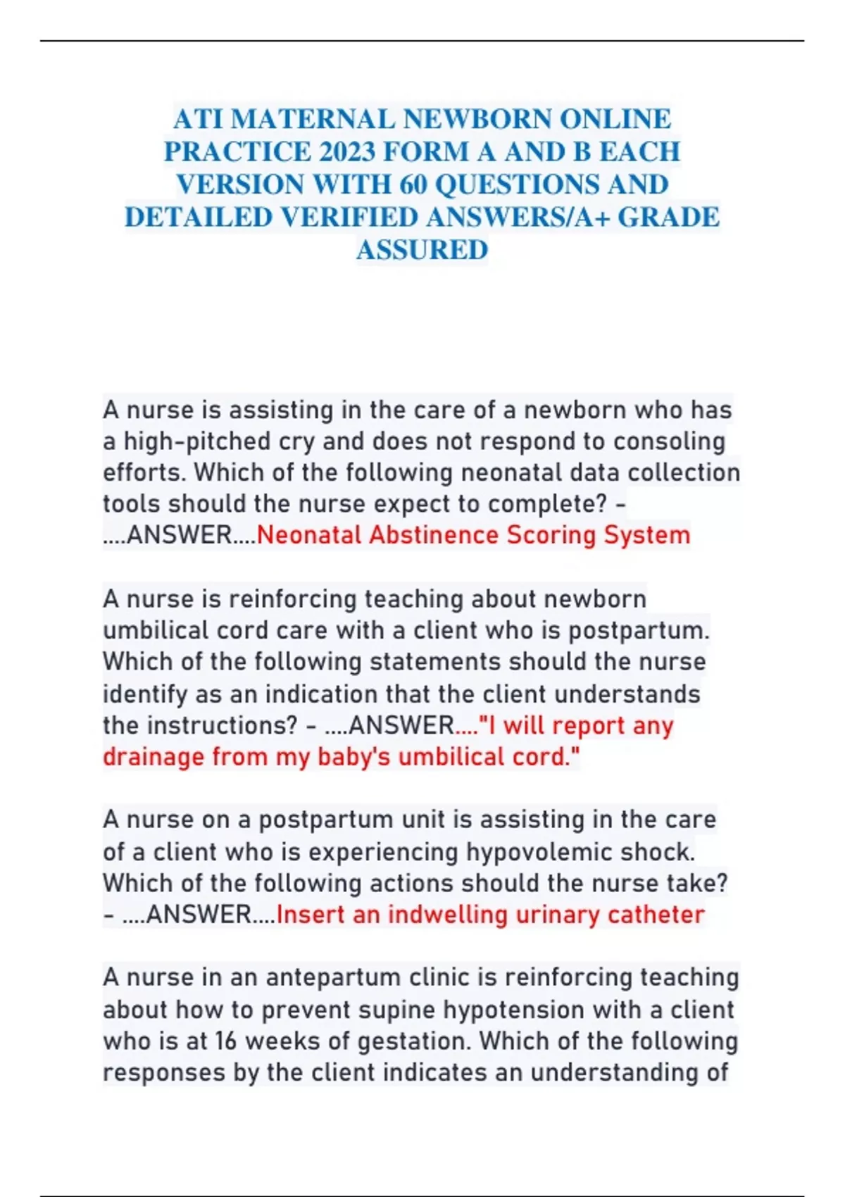 ATI MATERNAL NEWBORN ONLINE PRACTICE 2023 FORM A AND B EACH VERSION ...