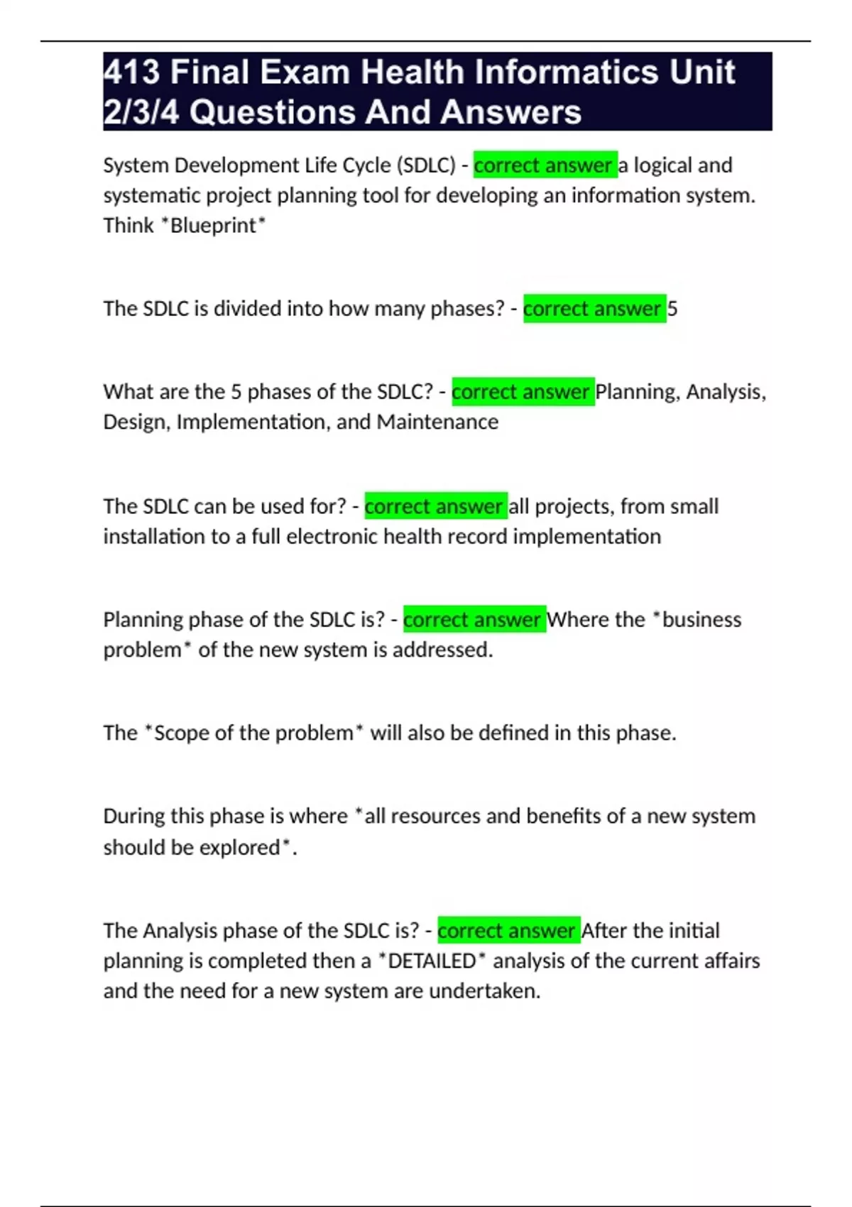413 Final Exam Health Informatics Unit 2/3/4 Questions And Answers - Health Informatics - Stuvia US