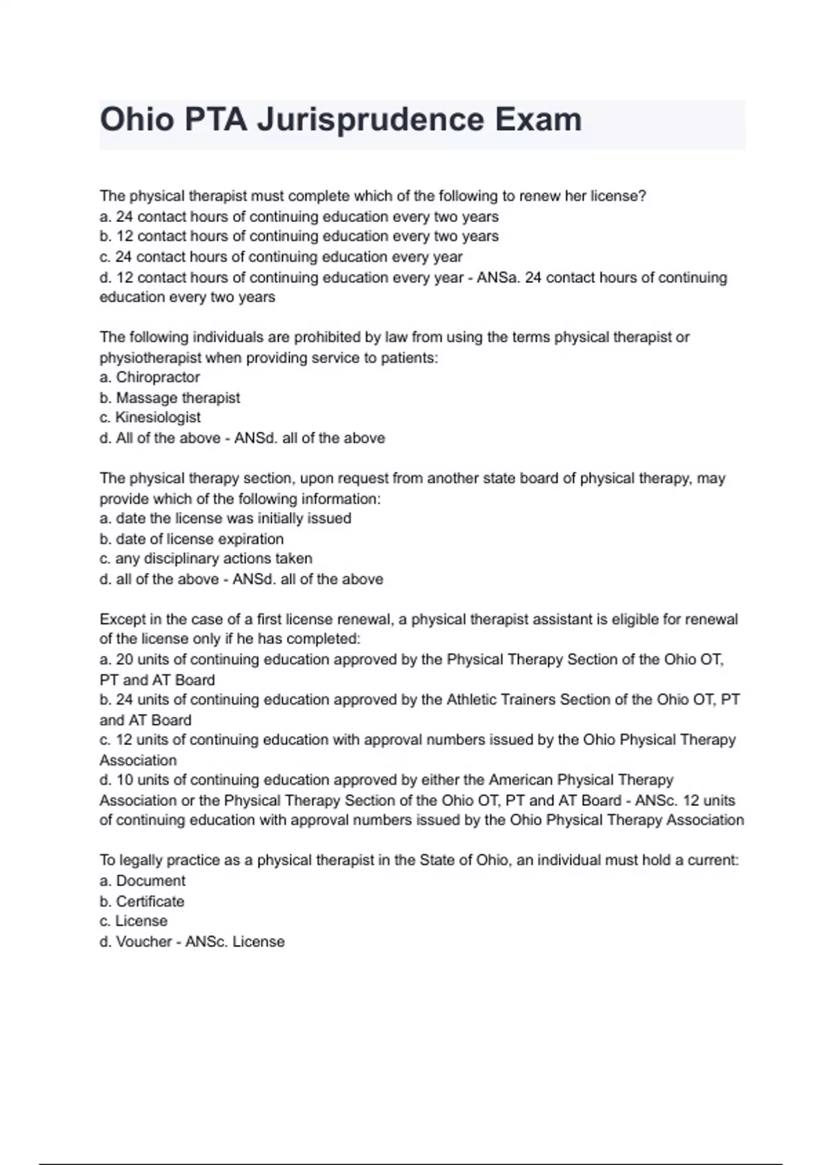 Ohio PTA Jurisprudence Exam 2024/2025 already graded A+ - FLORIDA ...