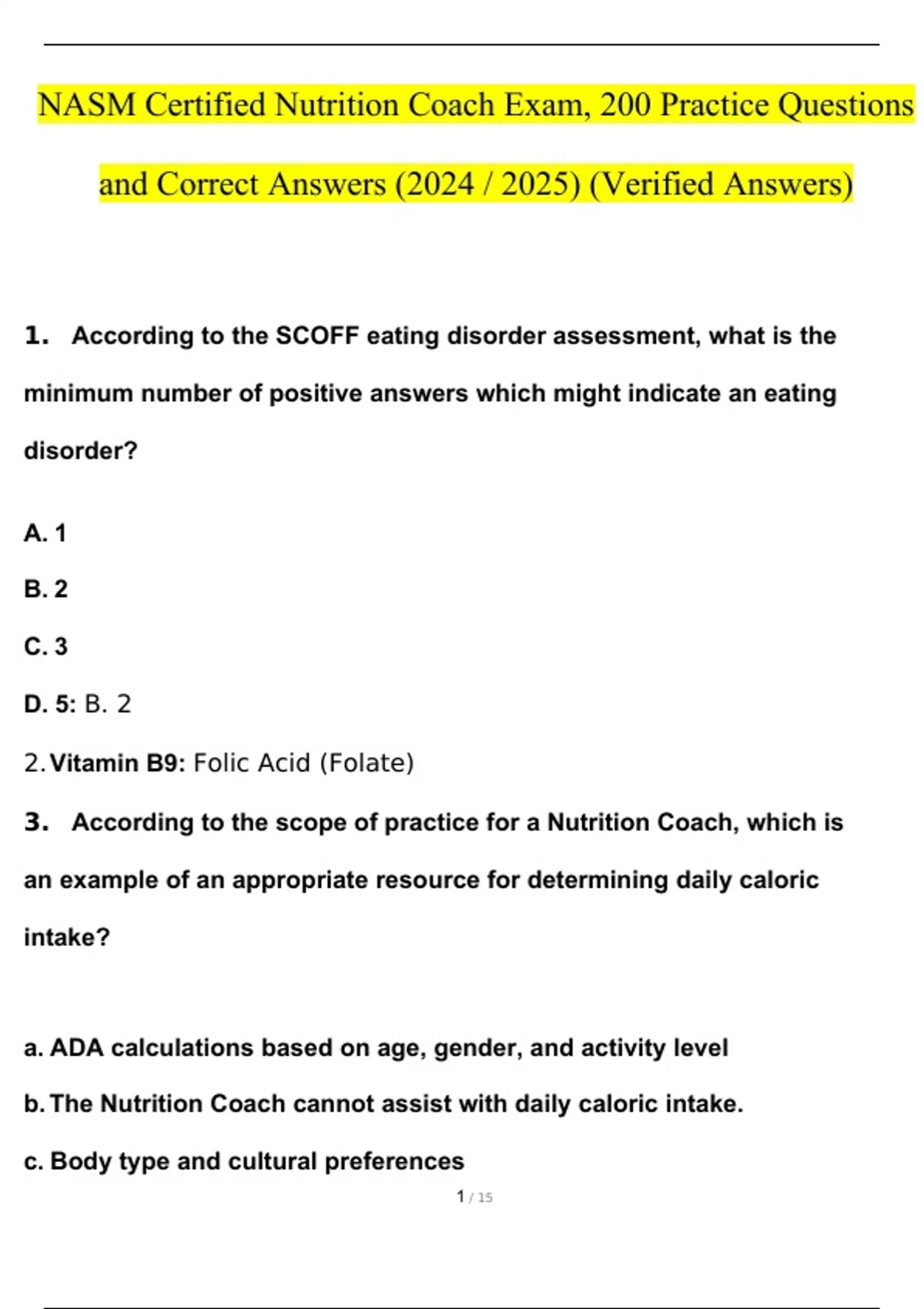 NASM Certified Nutrition Coach Exam, 200 Practice Questions and Answers (2024 / 2025) (Verified ...
