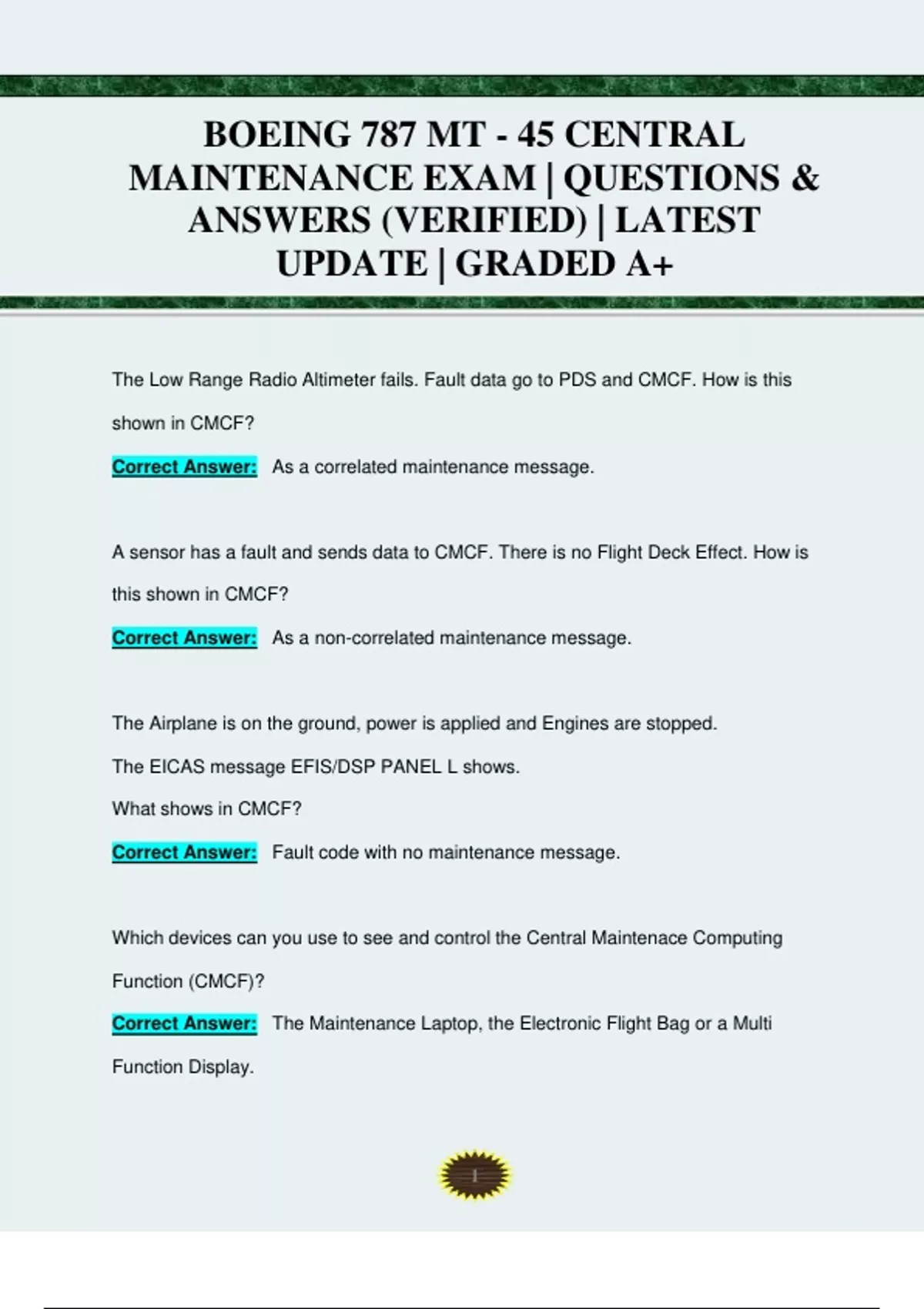 BOEING 787 MT - 45 CENTRAL MAINTENANCE EXAM | QUESTIONS & ANSWERS ...