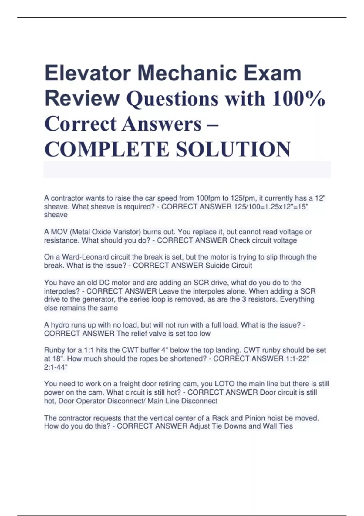 Elevator Mechanic Exam Review Questions with 100% Correct Answers ...