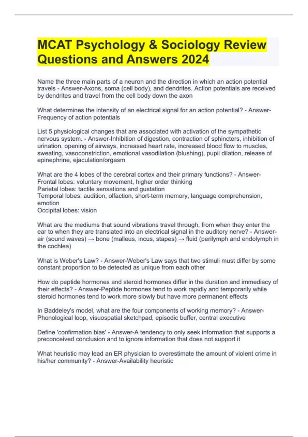 MCAT Psychology & Sociology Review Questions and Answers 2024 - MCAT ...