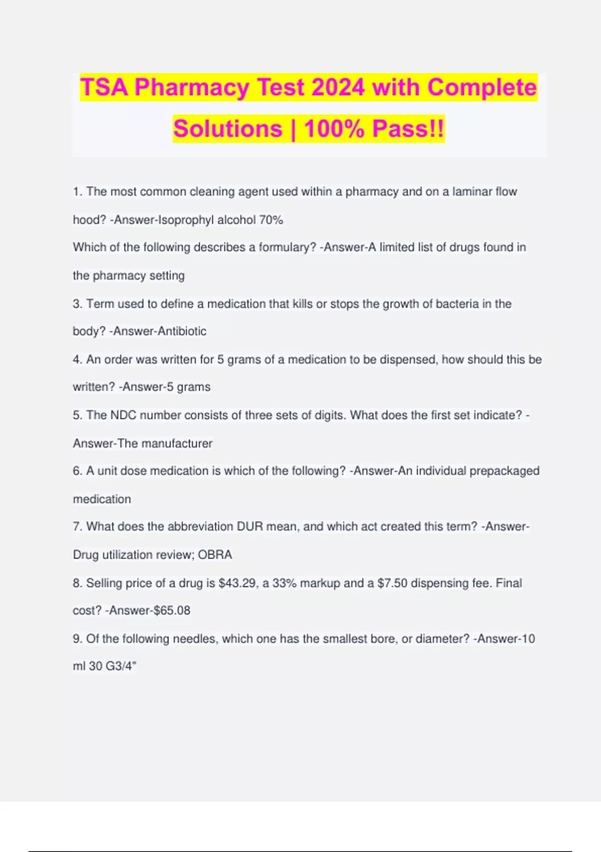 TSA Pharmacy Test 2024 with Complete Solutions | 100% Pass!! - TSA ...
