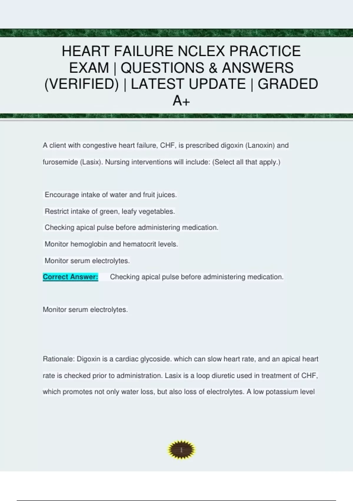 HEART FAILURE NCLEX PRACTICE EXAM | QUESTIONS & ANSWERS (VERIFIED ...