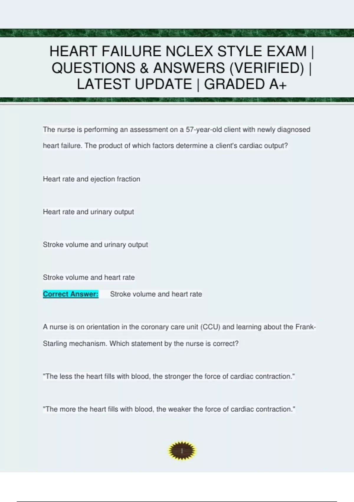 HEART FAILURE NCLEX STYLE EXAM | QUESTIONS & ANSWERS (VERIFIED ...