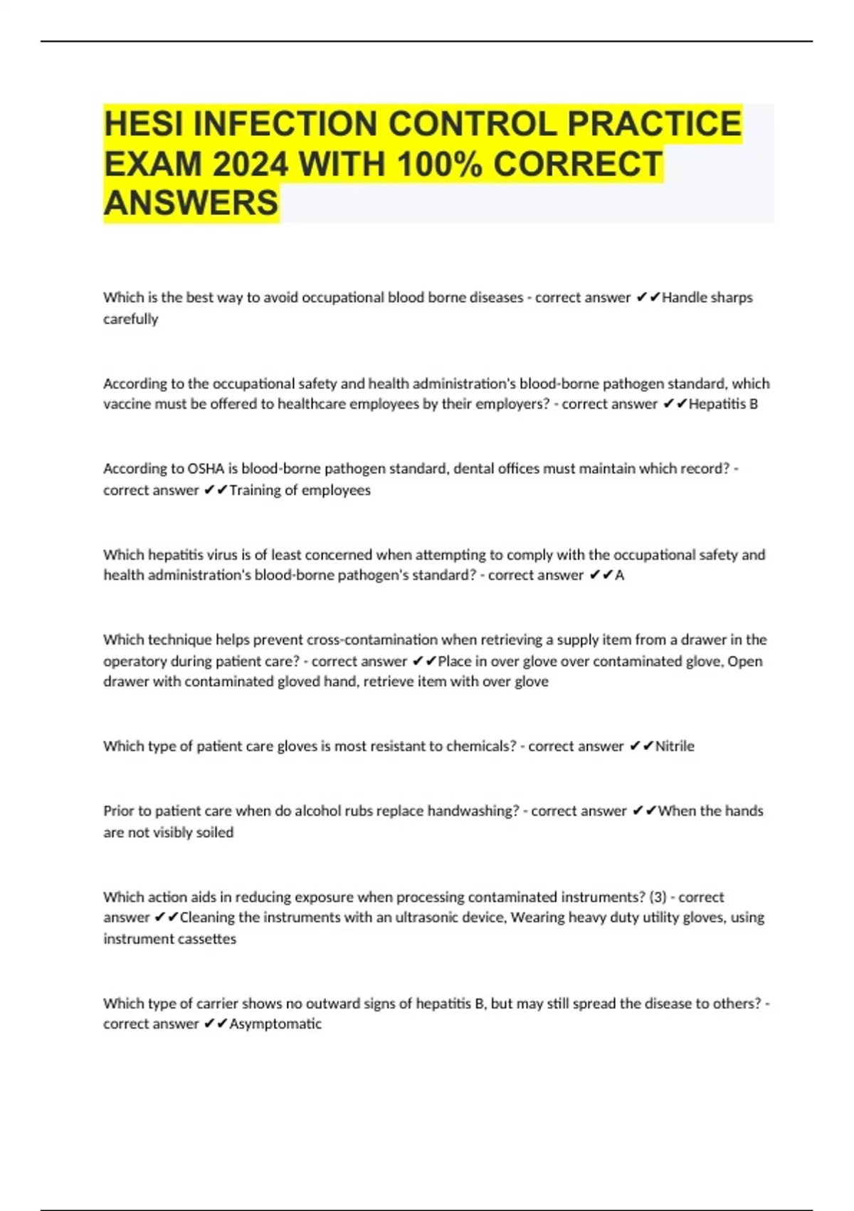 HESI INFECTION CONTROL PRACTICE EXAM 2024 WITH 100% CORRECT ANSWERS ...