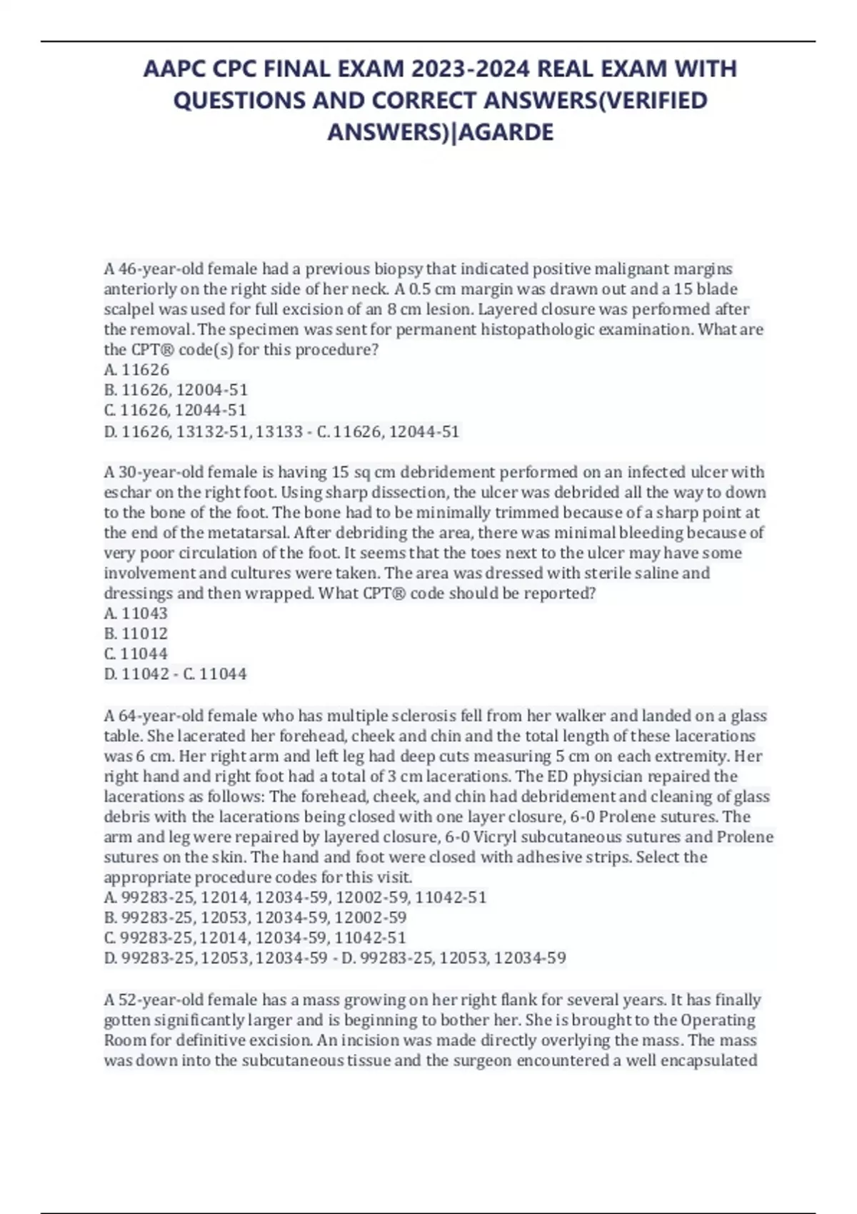 AAPC CPC FINAL EXAM REAL EXAM WITH QUESTIONS AND CORRECT ANSWERS(VERIFIED ANSWERS)|AGARDE - AAPC ...