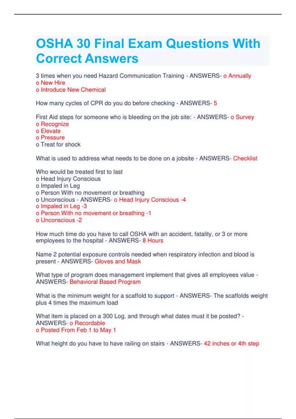 Bundle For OSHA 30 - Final Exam 2024 Marking Scheme - Stuvia US