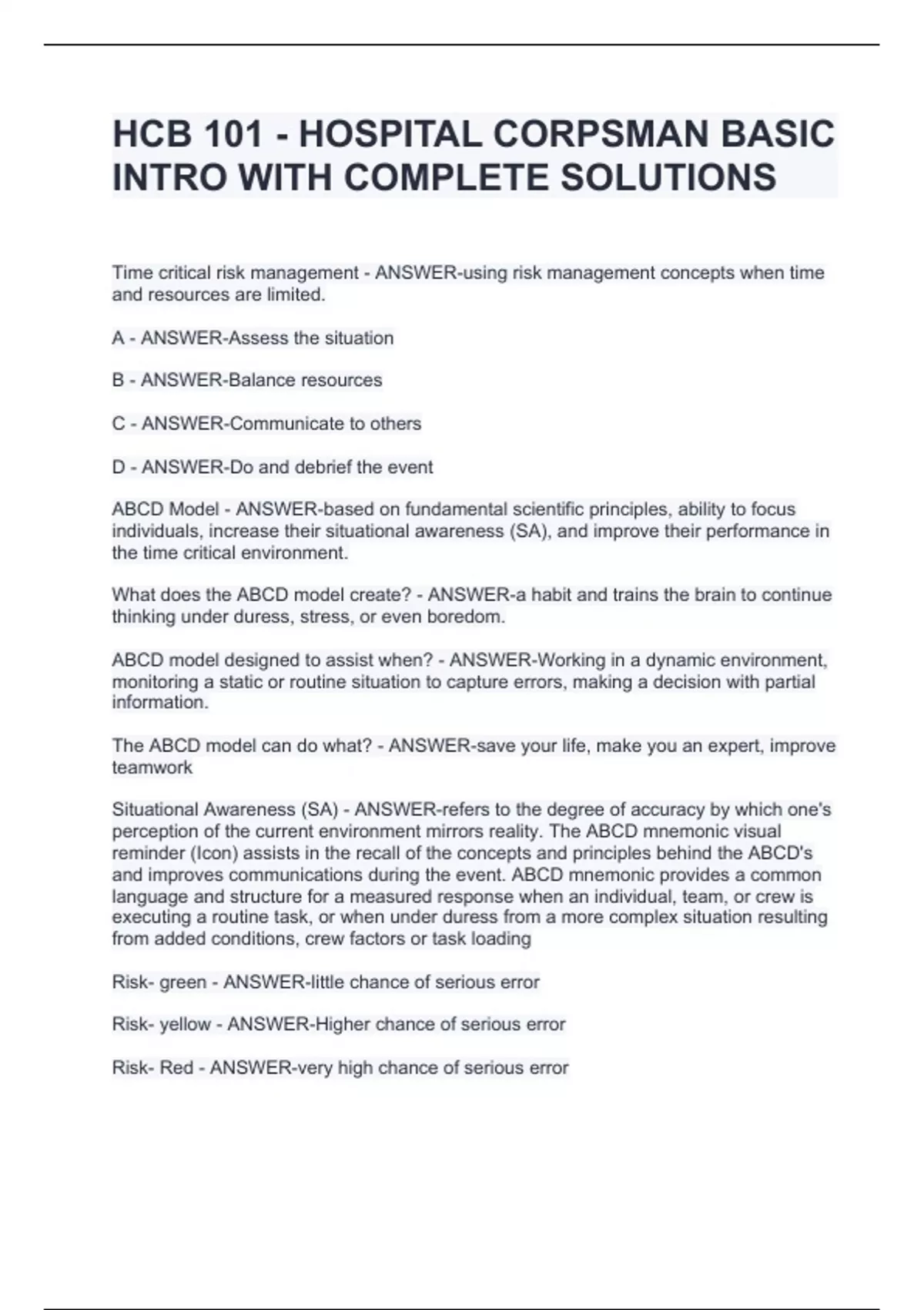 HCB 101 - HOSPITAL CORPSMAN BASIC INTRO WITH COMPLETE SOLUTIONS - HCB 101 - HOSPITAL CORPSMAN ...