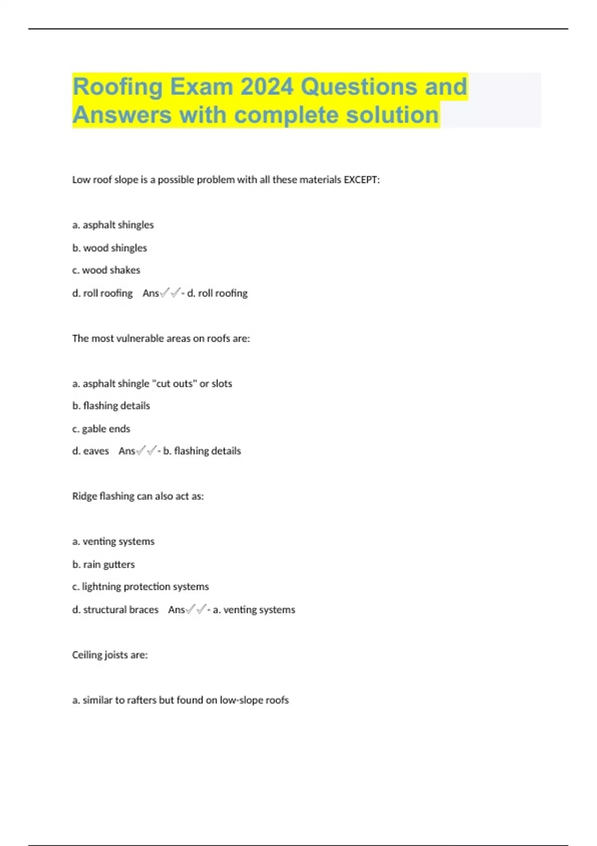 Roofing Exam 2024 Questions and Answers with complete solution ...