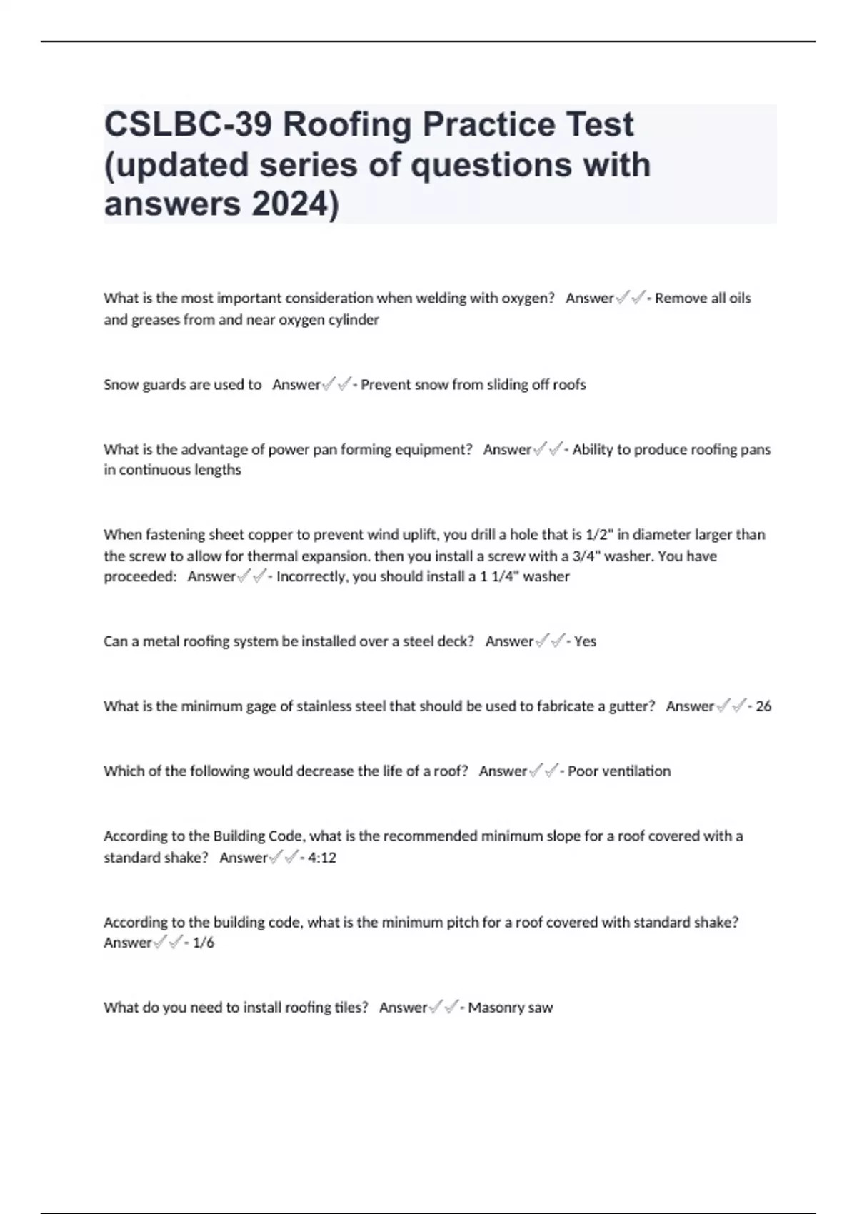 CSLBC-39 Roofing Practice Test (updated series of questions with ...