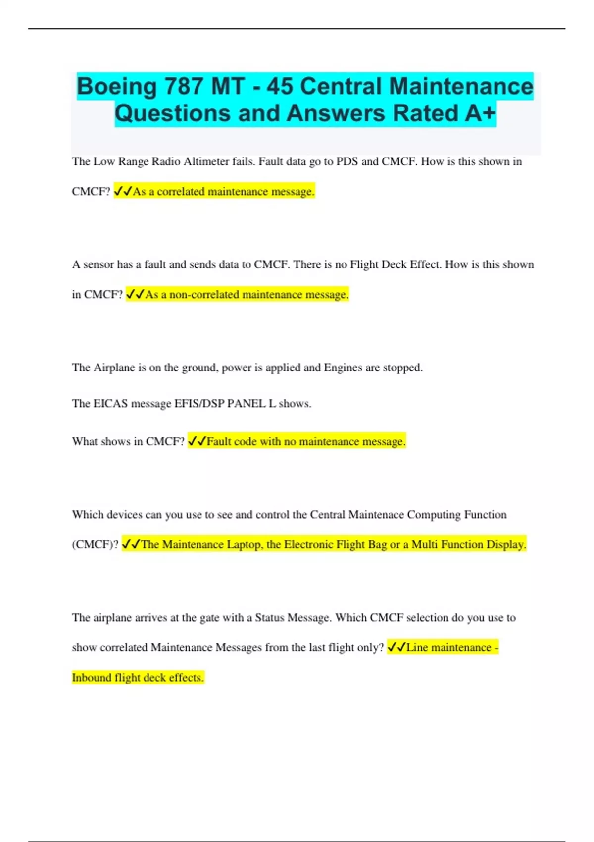 Boeing 787 MT - 45 Central Maintenance Questions and Answers Rated A+ ...
