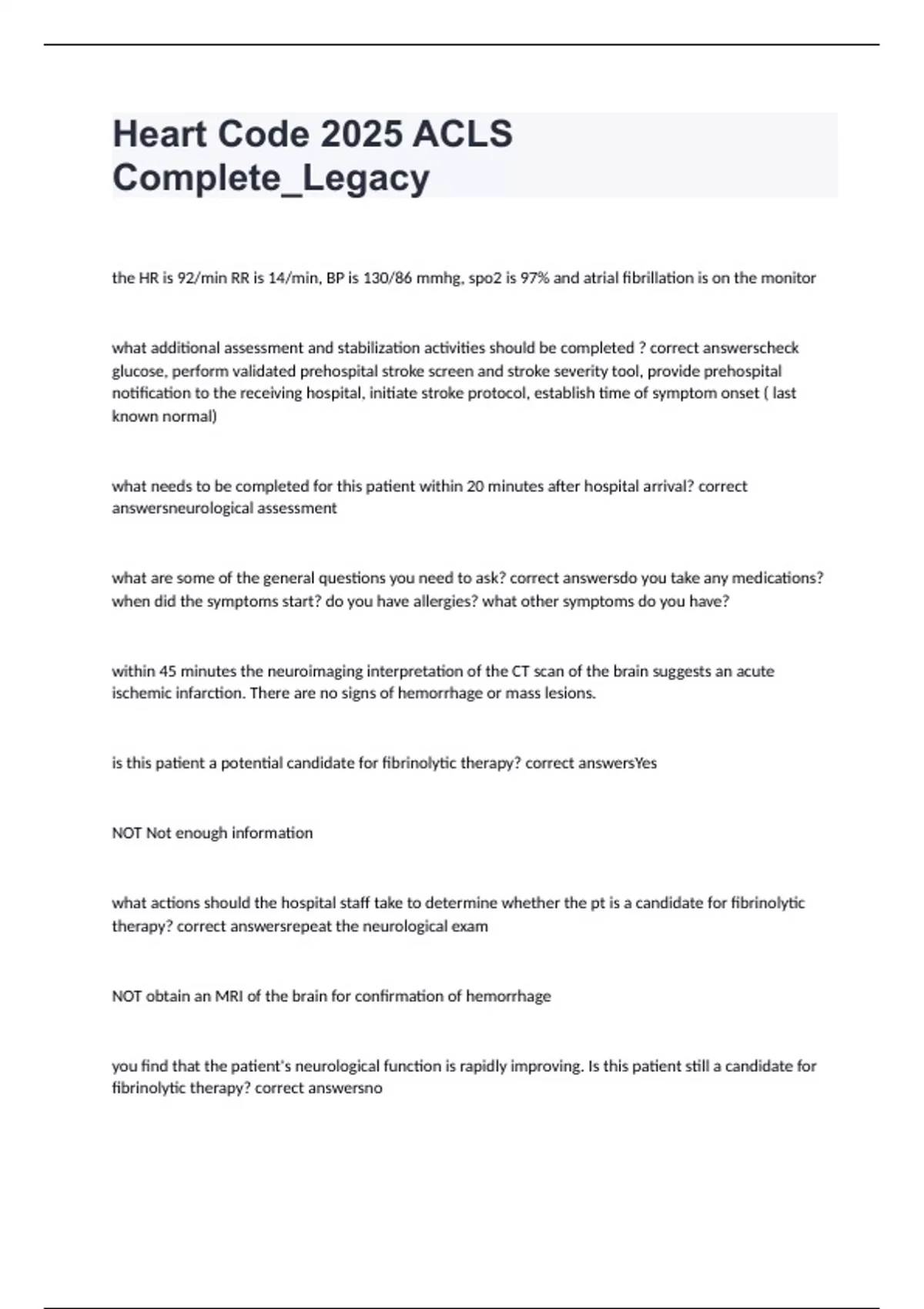 Heart Code 2025 ACLS Complete_Legacy exam 2024 with 100% complete ...