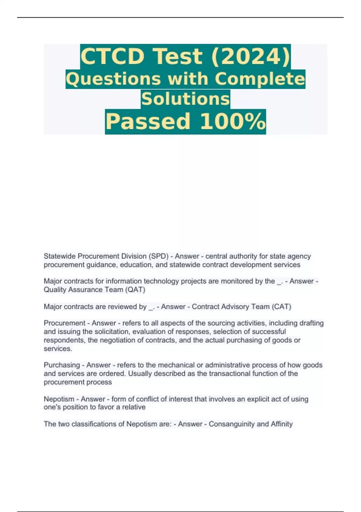 CTCD Test (2024) Questions with Complete Solutions Passed 100% - CTCD ...