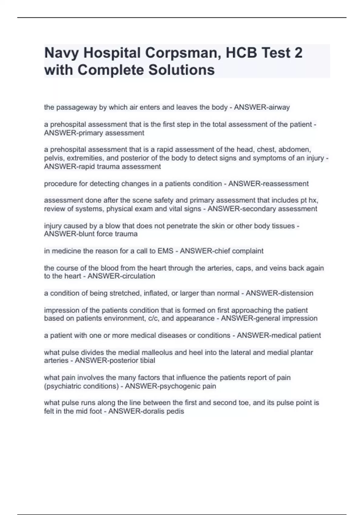 Navy Hospital Corpsman, HCB Test 2 with Complete Solutions - Navy ...