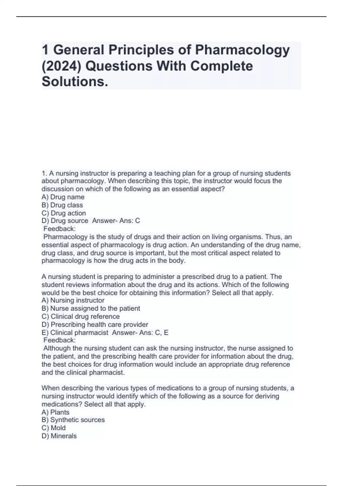 1 General Principles of Pharmacology (2024) Questions With Complete ...