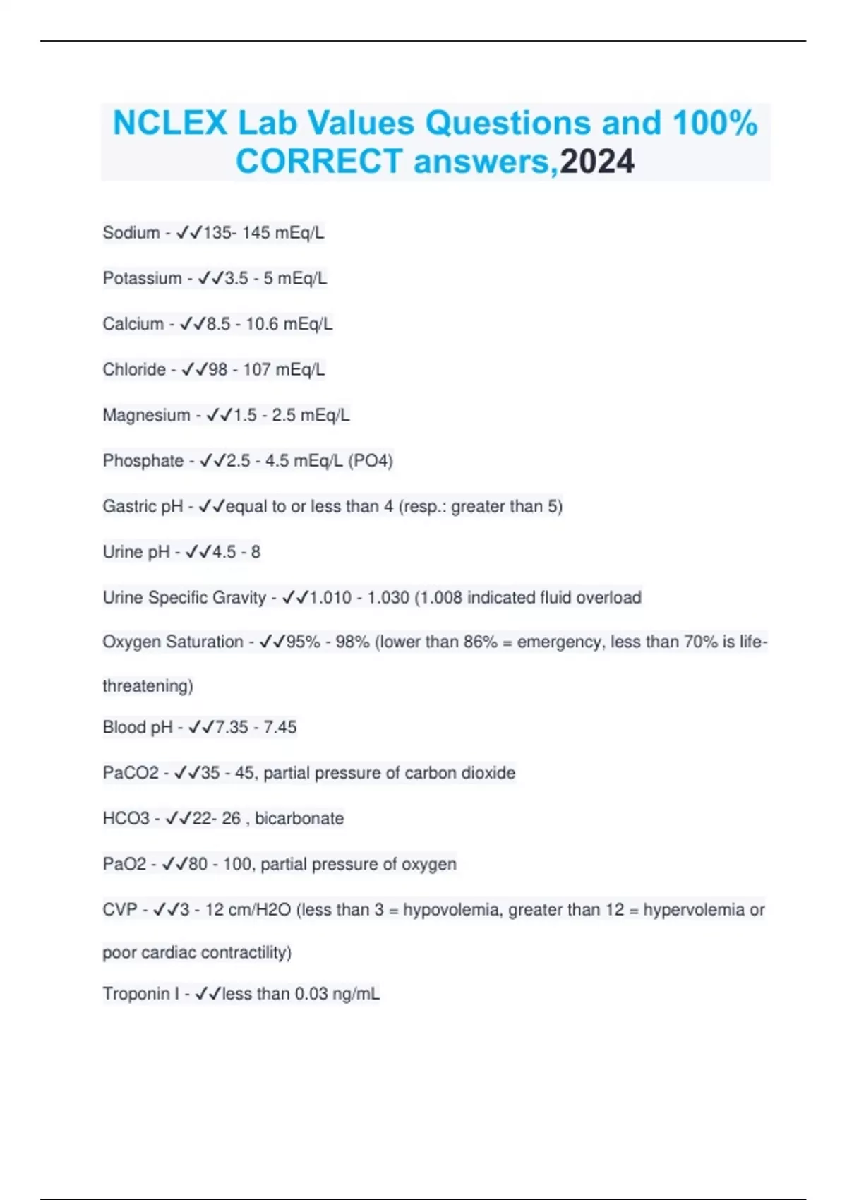 NCLEX Lab Values Questions and 100% CORRECT answers,2024 - NCLEX Lab Values - Stuvia US