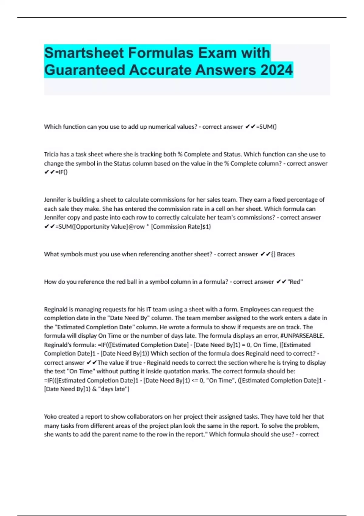 Smartsheet Formulas Exam with Guaranteed Accurate Answers 2024 - Smartsheet Formulas - Stuvia US