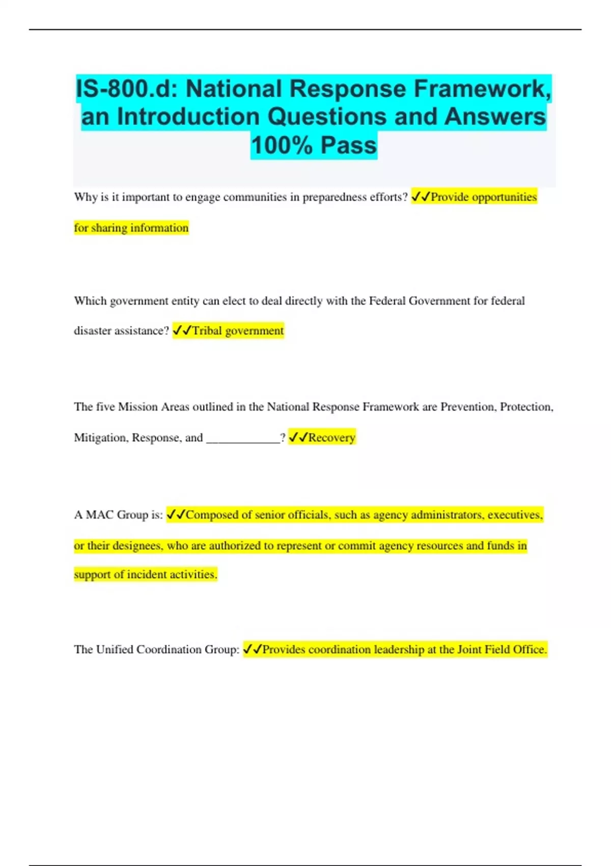 IS-800.d: National Response Framework, an Introduction Questions and ...