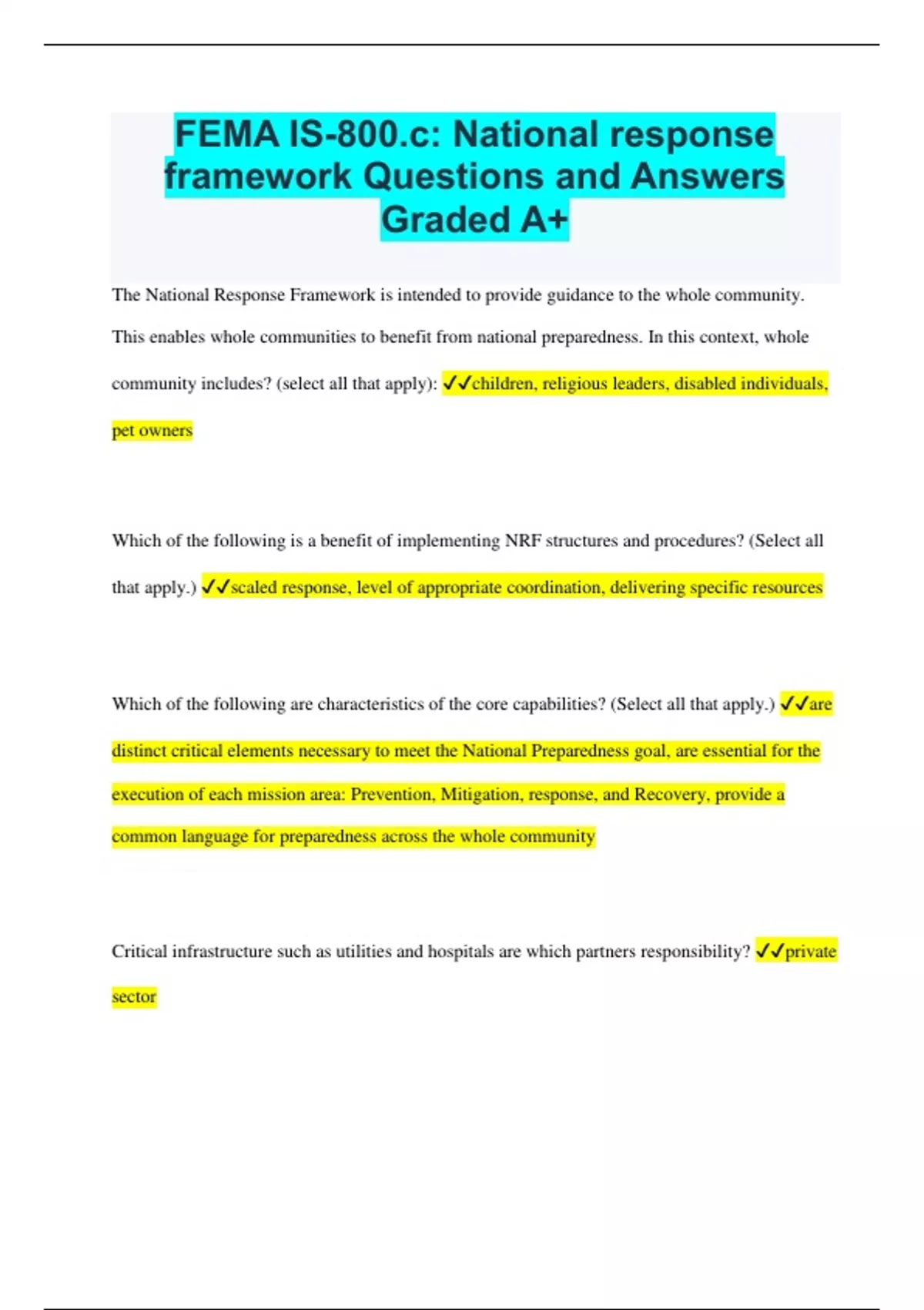 FEMA IS-800.c: National response framework Questions and Answers Graded ...