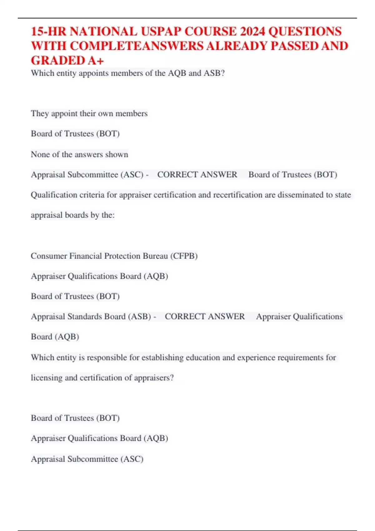 15-HR NATIONAL USPAP COURSE 2024 QUESTIONS WITH COMPLETE ANSWERS ...