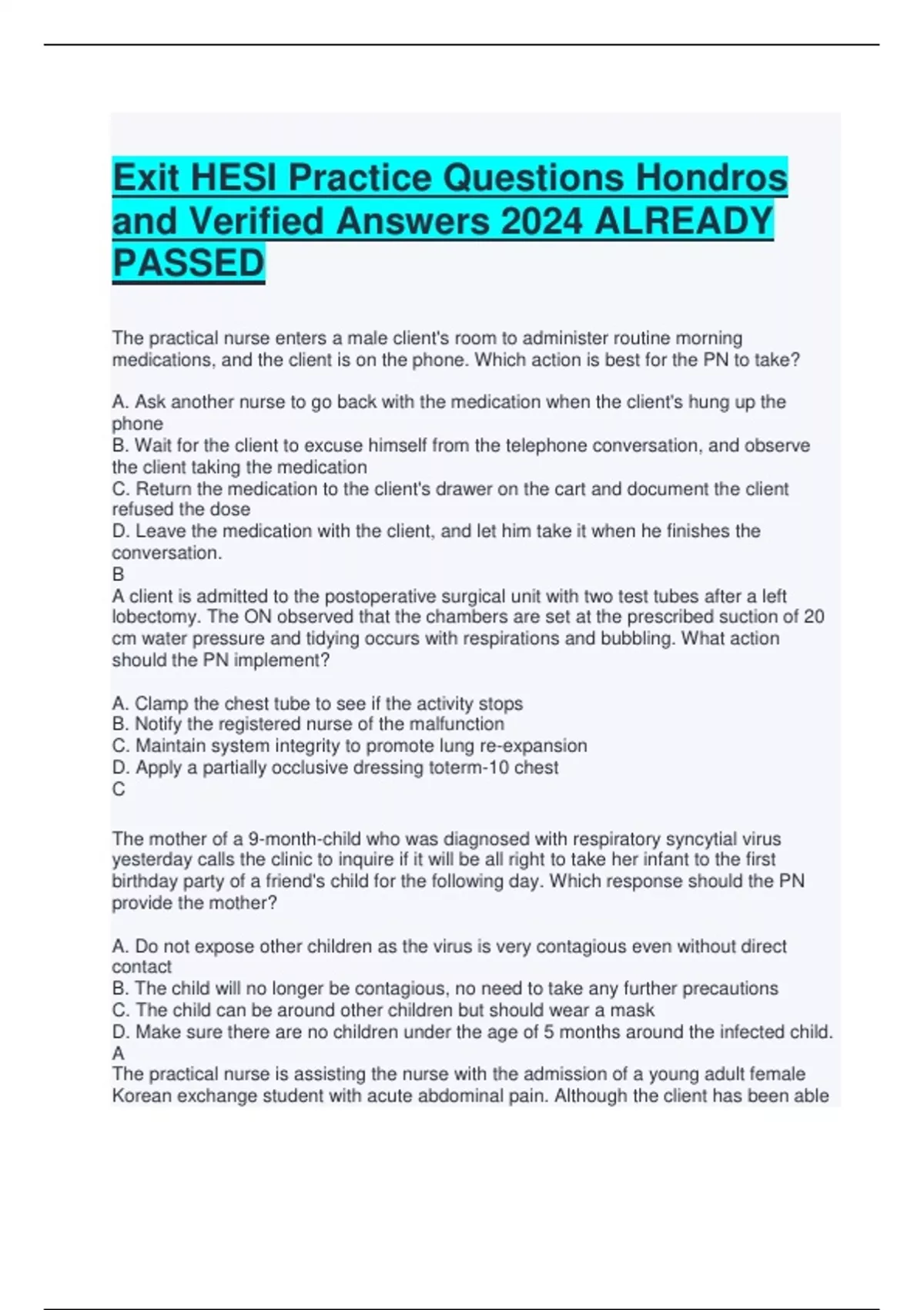 BEST ANSWERS Exit HESI Practice Questions Hondros and Verified Answers ...