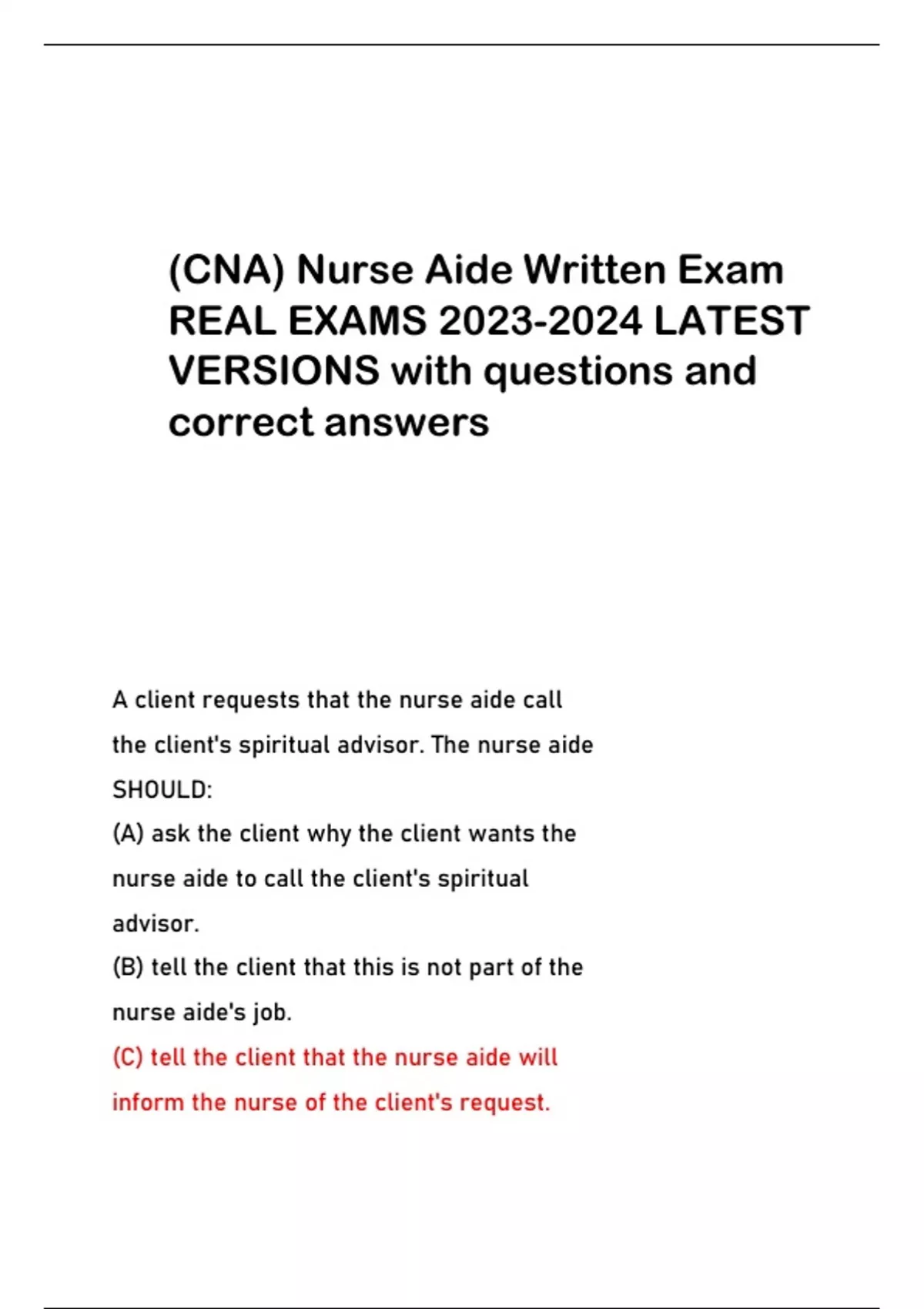 (CNA) Nurse Aide Written Exam REAL EXAMS LATEST VERSIONS with questions ...