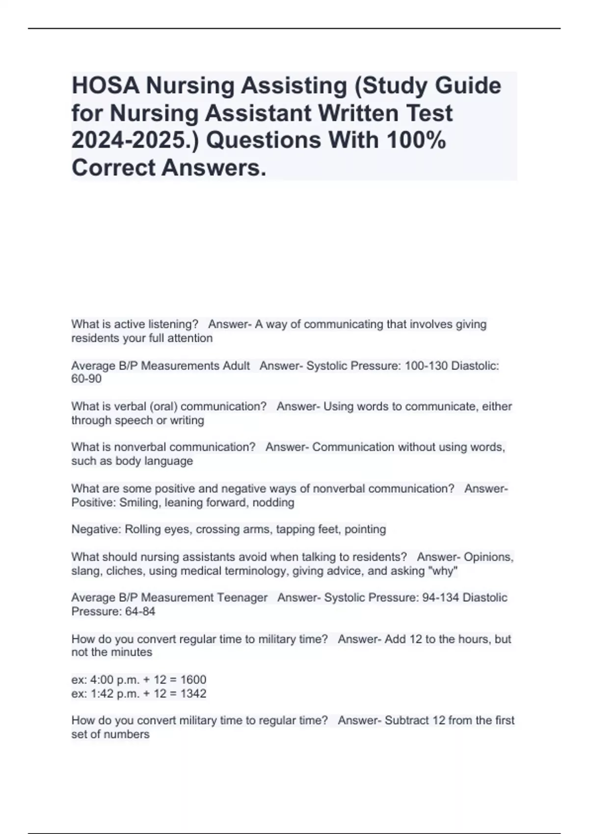 HOSA Nursing Assisting (Study Guide for Nursing Assistant Written Test ...