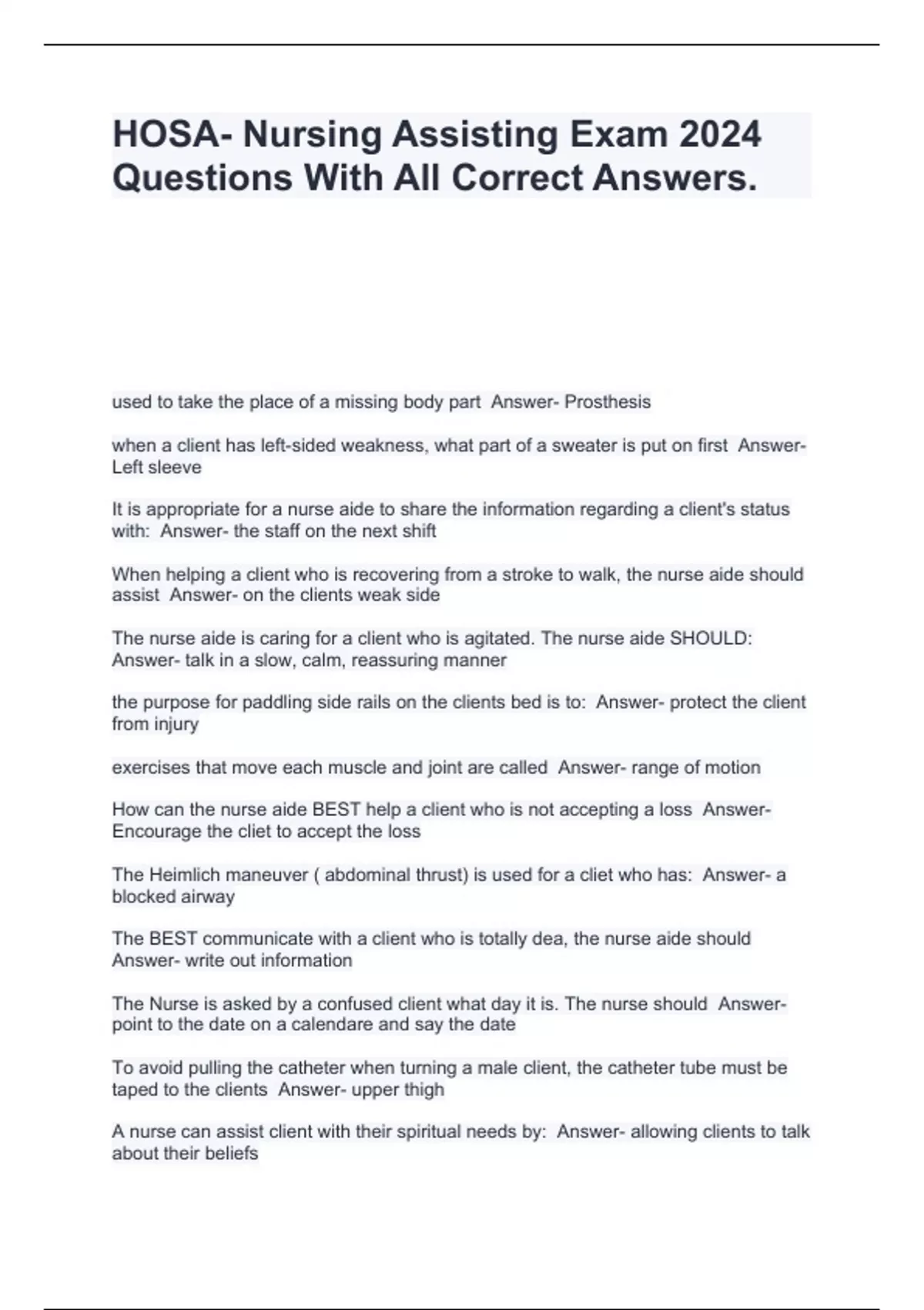 HOSA- NURSING ASSISTING EXAM 2024 QUESTIONS WITH ALL CORRECT ANSWERS!! - HOSA Nursing Assisting ...