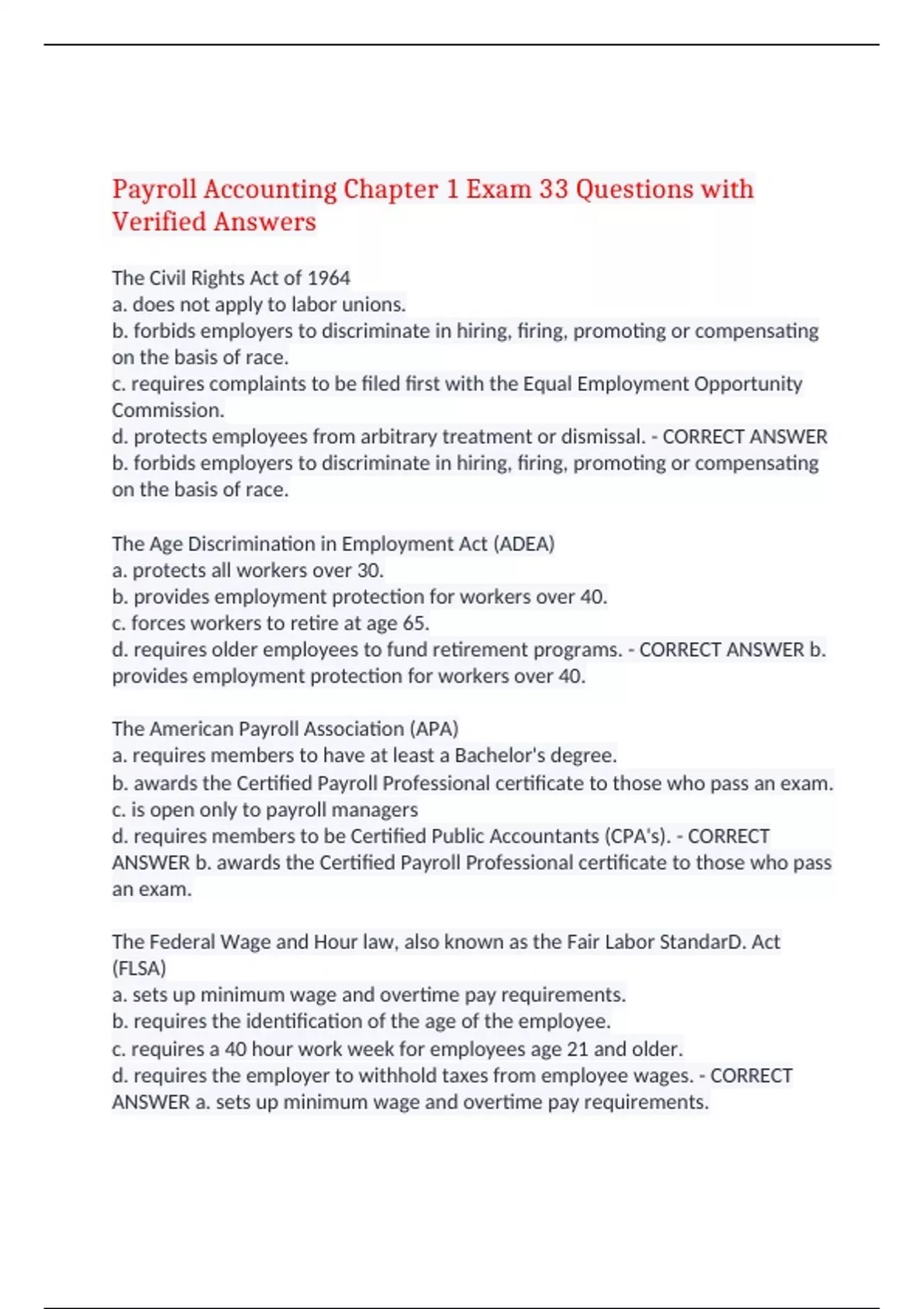 Payroll Accounting Chapter 1 Exam 33 Questions with Verified Answers ...