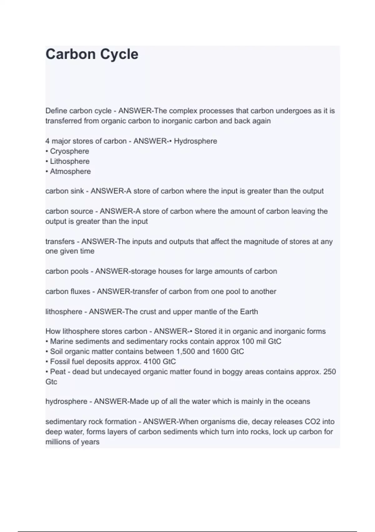 Carbon Cycle questions with correct answers - Carbon Cycle - Stuvia US