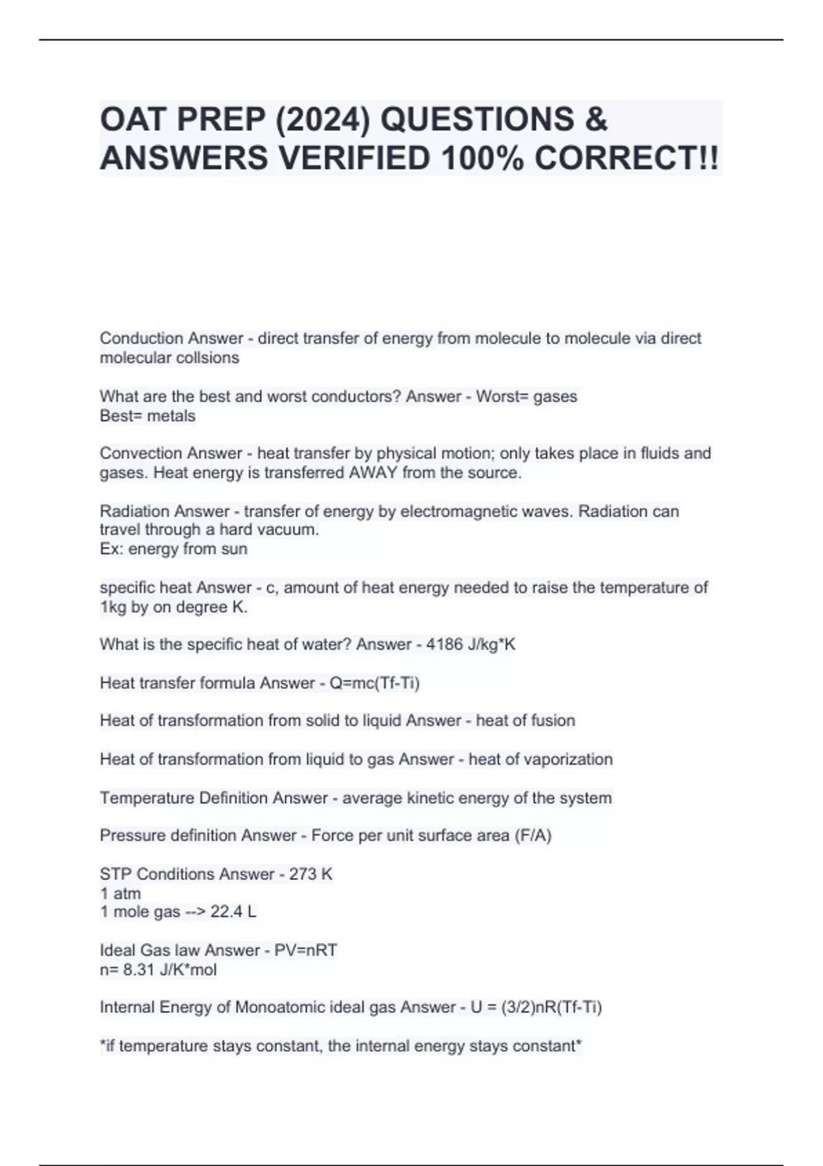 OAT PREP (2024) QUESTIONS & ANSWERS VERIFIED 100% CORRECT!! - OAT ...