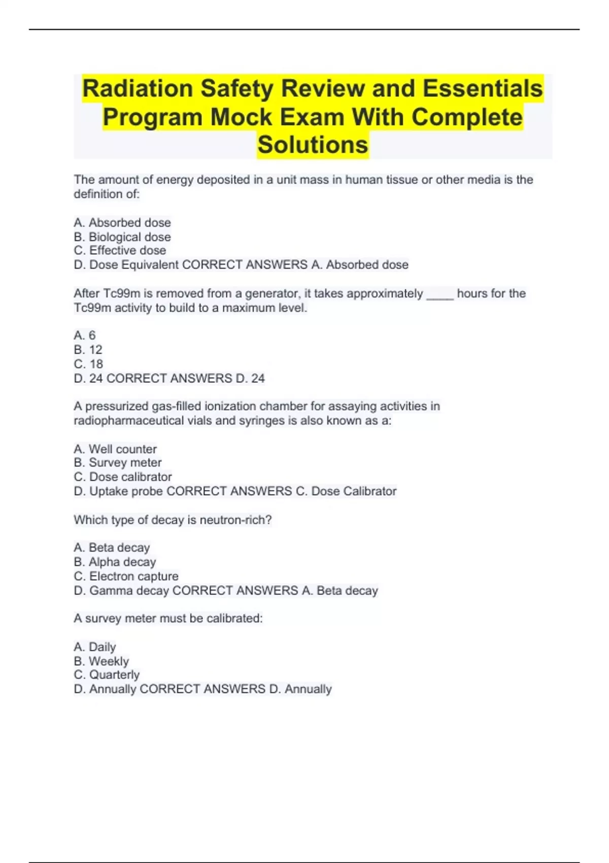 Radiation Safety Review and Essentials Program Mock Exam With Complete ...