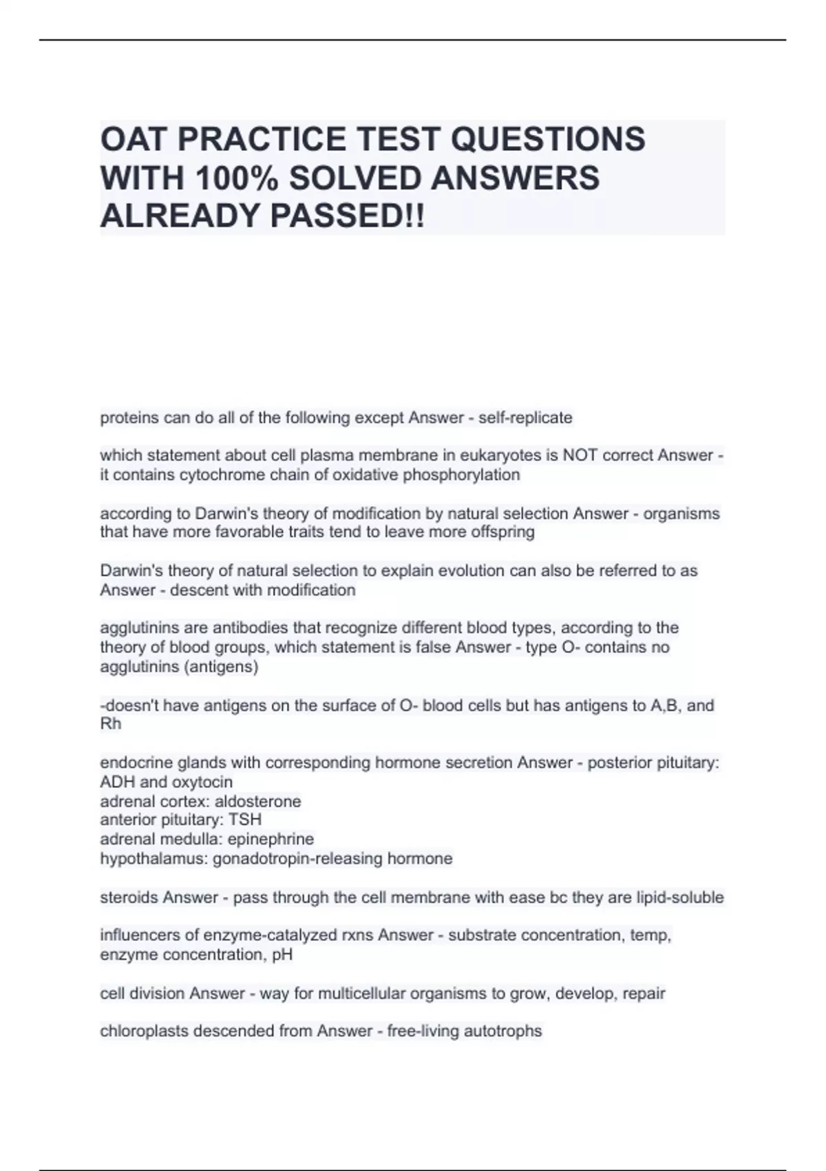 OAT PRACTICE TEST QUESTIONS WITH 100% SOLVED ANSWERS ALREADY PASSED ...