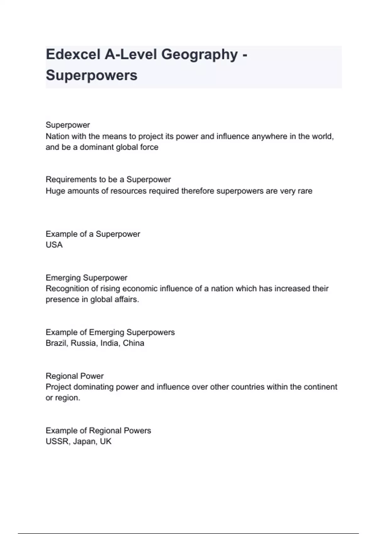 Edexcel A-Level Geography - Superpowers with complete solution ...