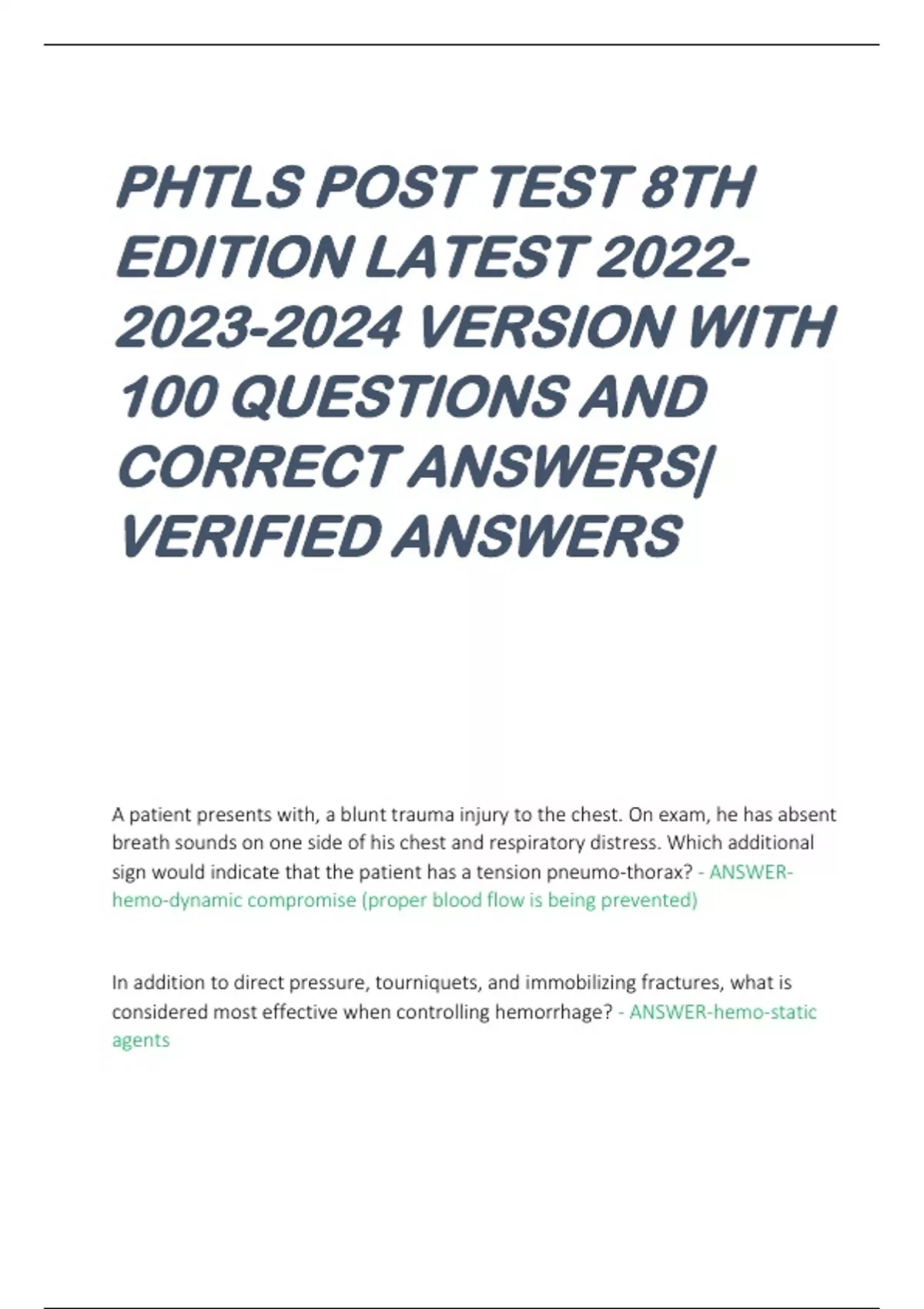 PHTLS POST TEST 9TH EDITION LATEST VERSION WITH 100 QUESTIONS AND ...
