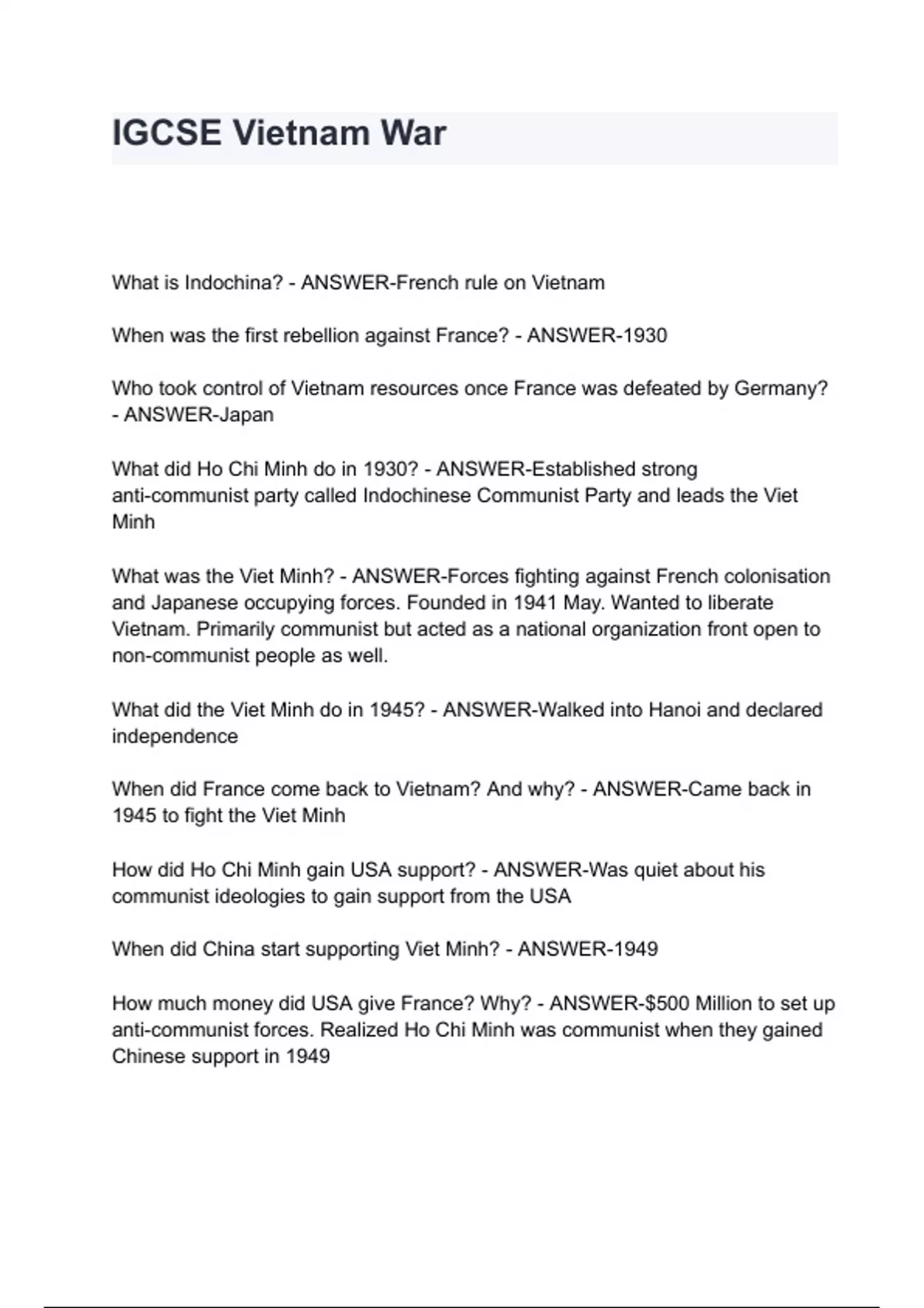 IGCSE Vietnam War questions and answers - IGCSE Vietnam War - Stuvia US