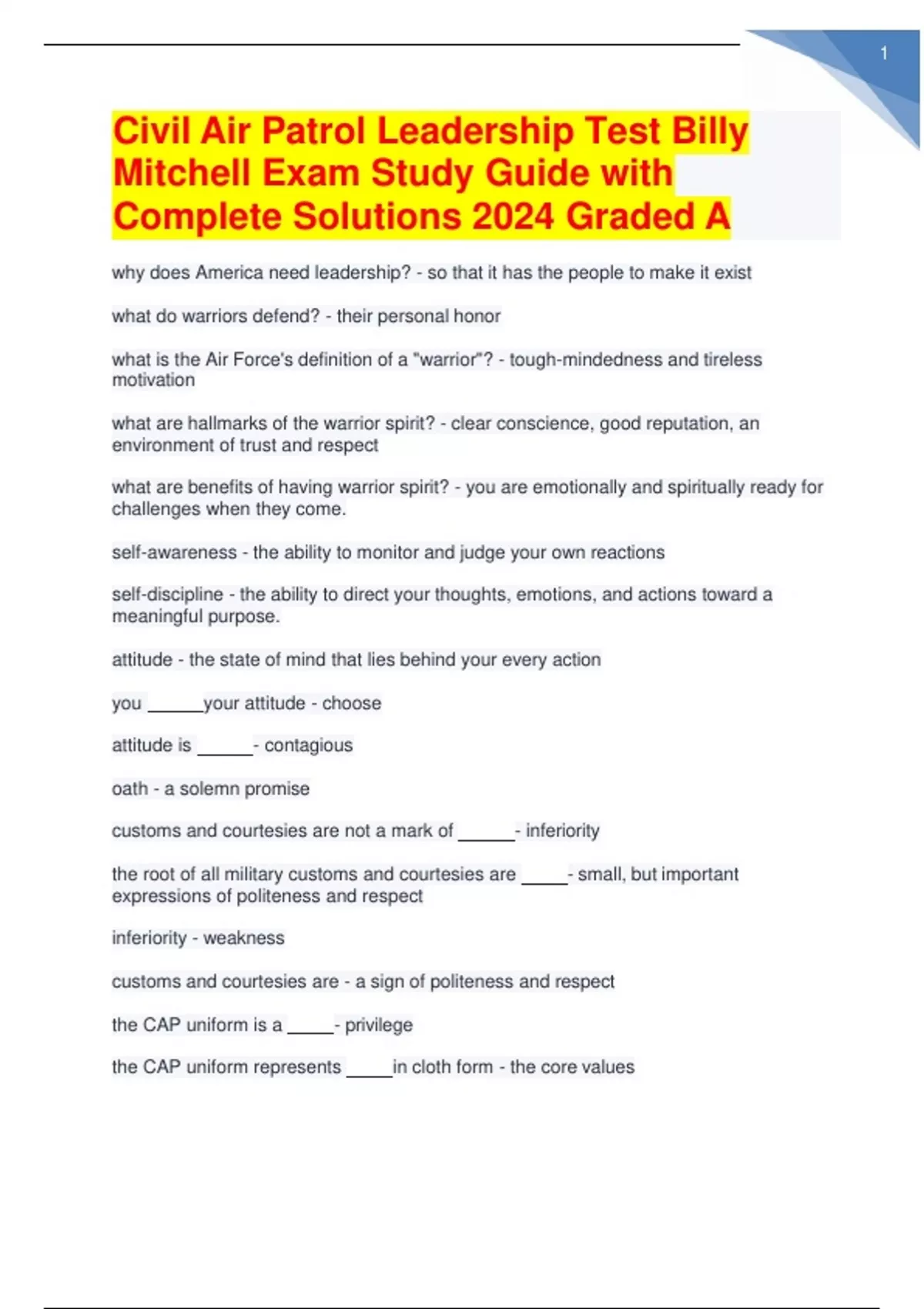 Civil Air Patrol Leadership Test Billy Mitchell Exam Study Guide with ...