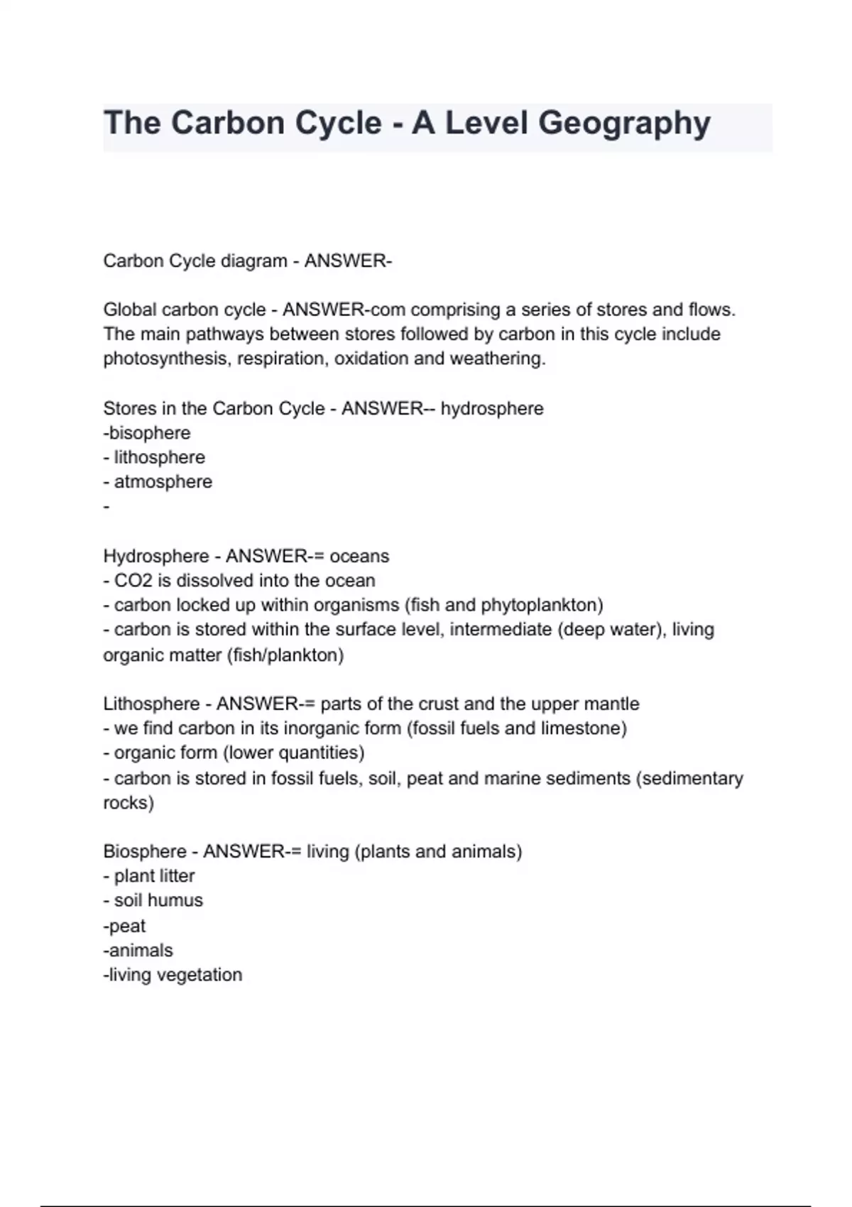 The Carbon Cycle - A Level Geography questions with complete solution ...