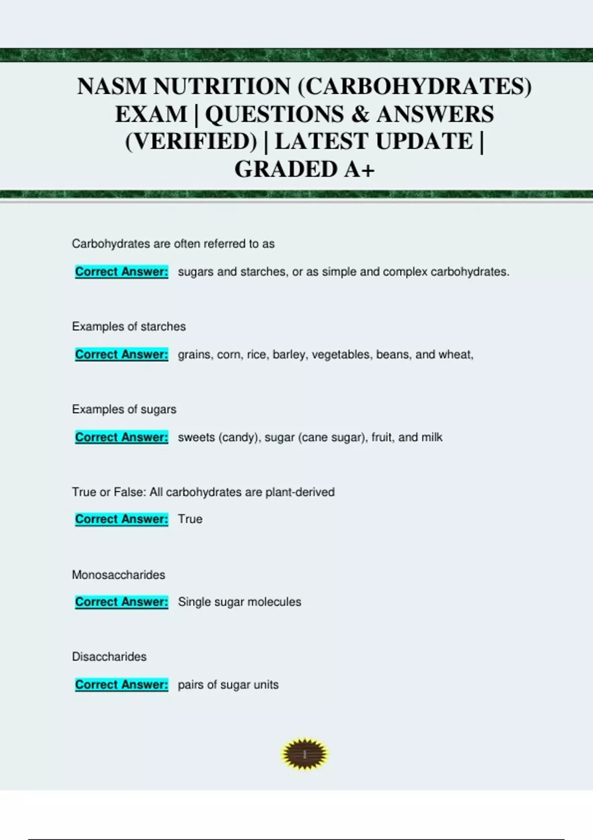NASM NUTRITION (CARBOHYDRATES) EXAM | QUESTIONS & ANSWERS (VERIFIED ...