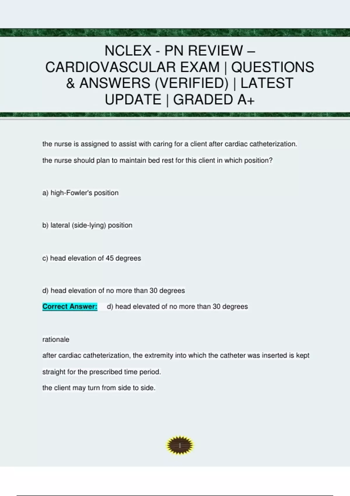 NCLEX - PN REVIEW – CARDIOVASCULAR EXAM | QUESTIONS & ANSWERS (VERIFIED ...