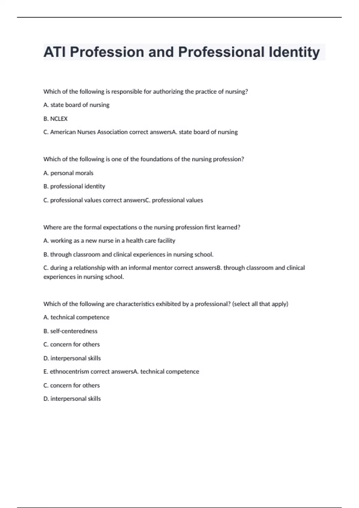 ATI Profession and Professional Identity exam 2024 with 100% correct ...