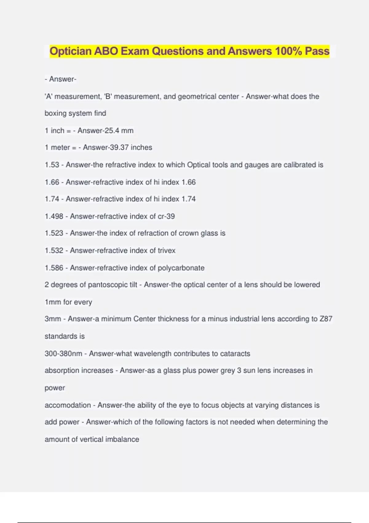 Optician ABO Exam Questions and Answers 100% Pass - ABO - Stuvia US