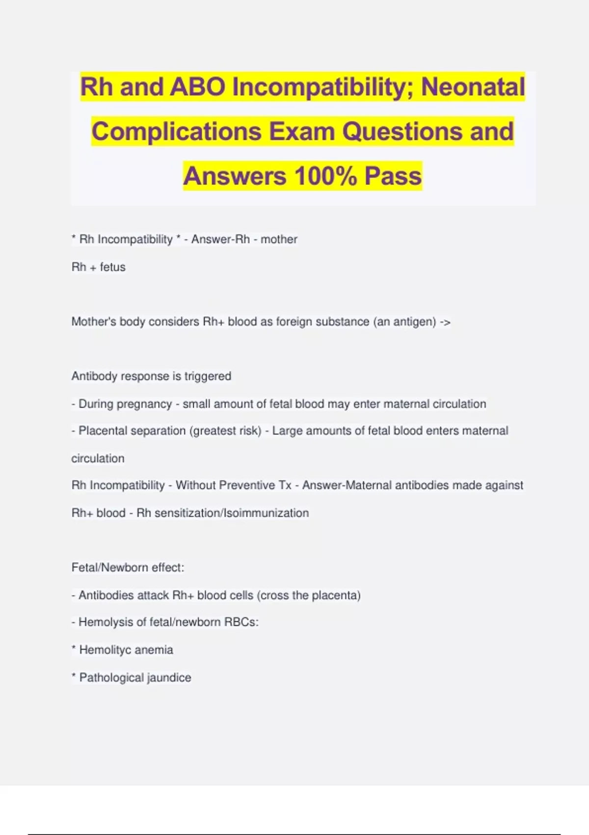 Rh and ABO Incompatibility; Neonatal Complications Exam Questions and ...