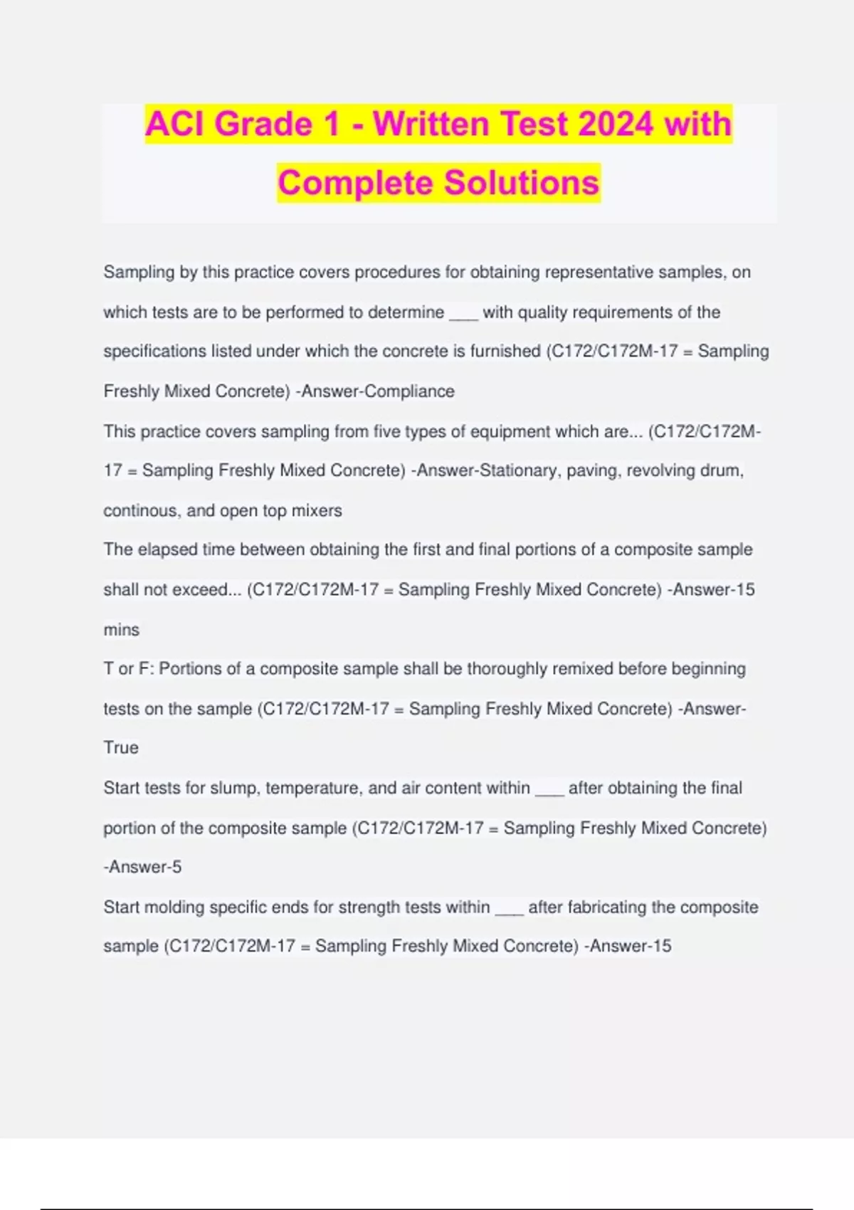 ACI Grade 1 - Written Test 2024 with Complete Solutions - ACI - Stuvia US