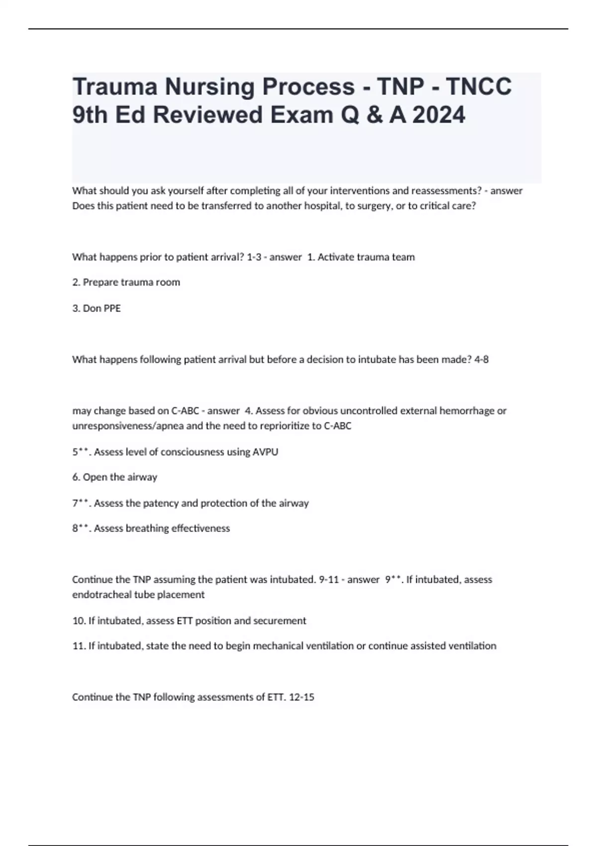 Trauma Nursing Process - TNP - TNCC 9th Ed Reviewed Exam Q & A 2024 ...