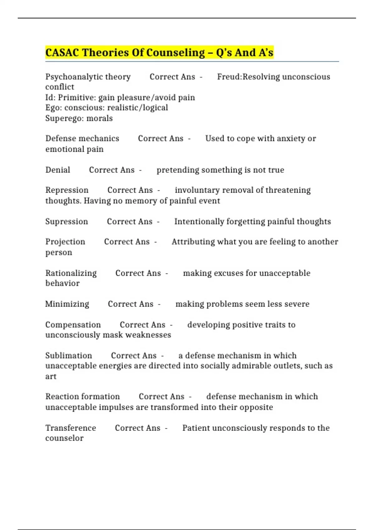 CASAC Theories Of Counseling – Q’s And A’s - CASAC - Stuvia US
